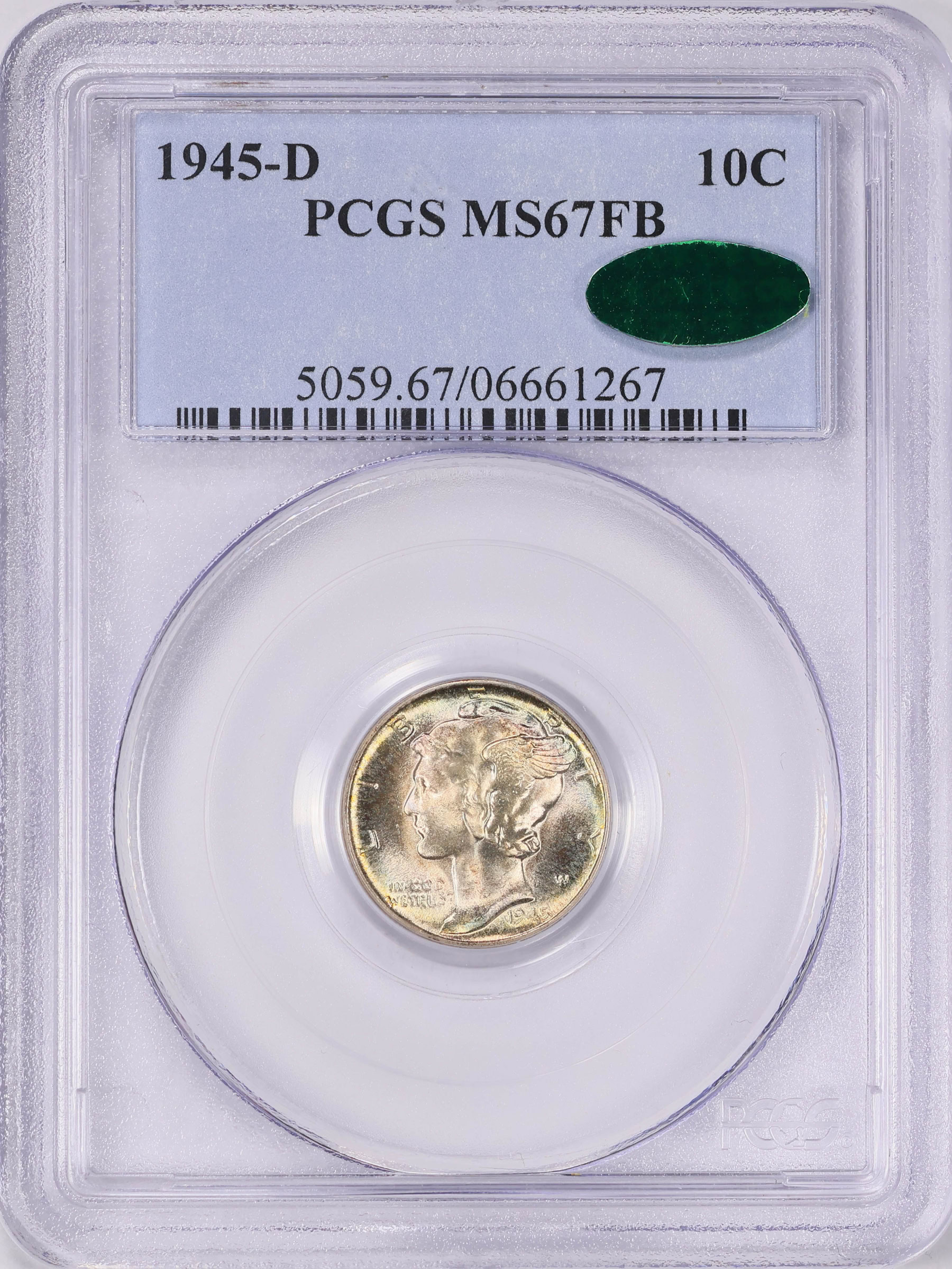 1945-D Mercury Dime PCGS MS-67 FB (CAC Green) (Toned) (Item 1837800) | GreatCollections Coin ...