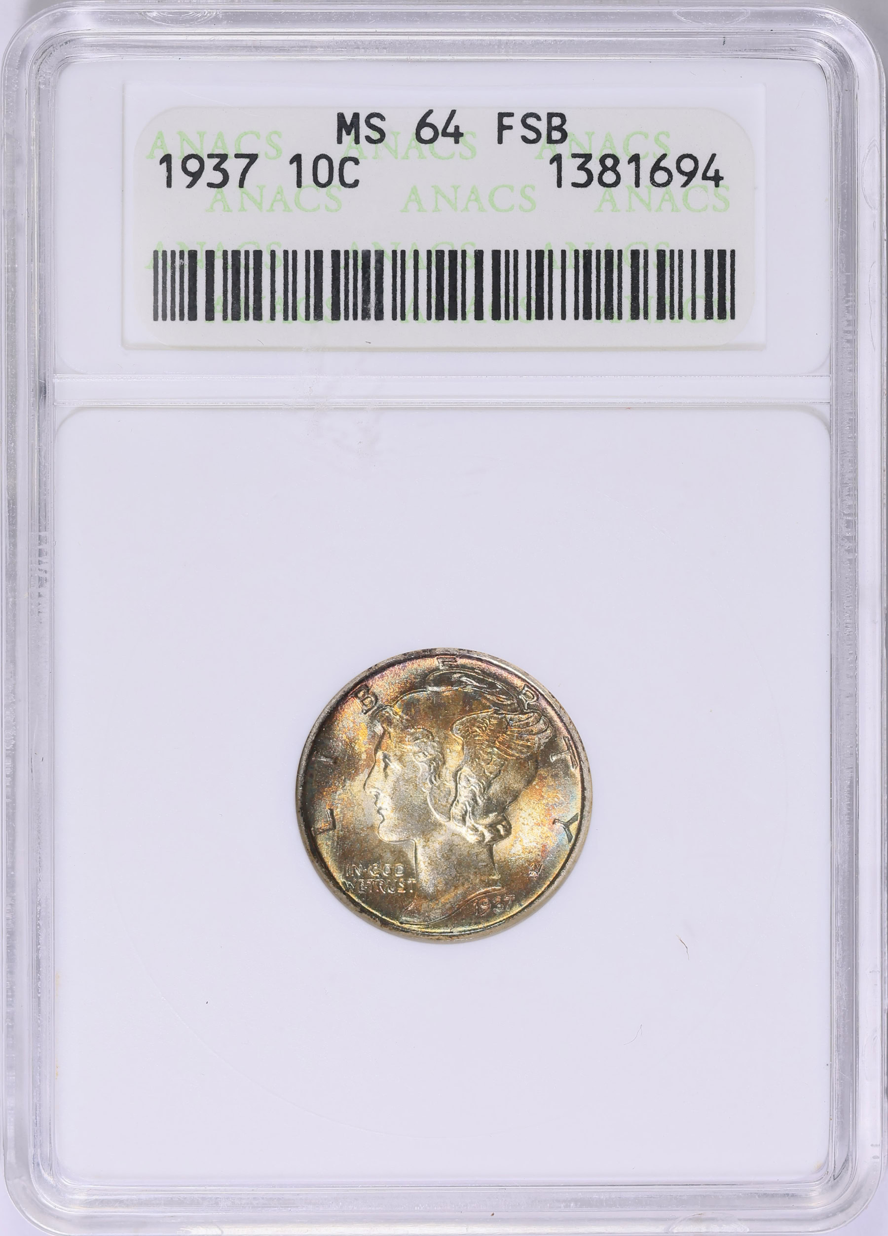 1937 Mercury Dime ANACS MS-64 FB OH (Toned) (Item 1837830) | GreatCollections Coin Auctions