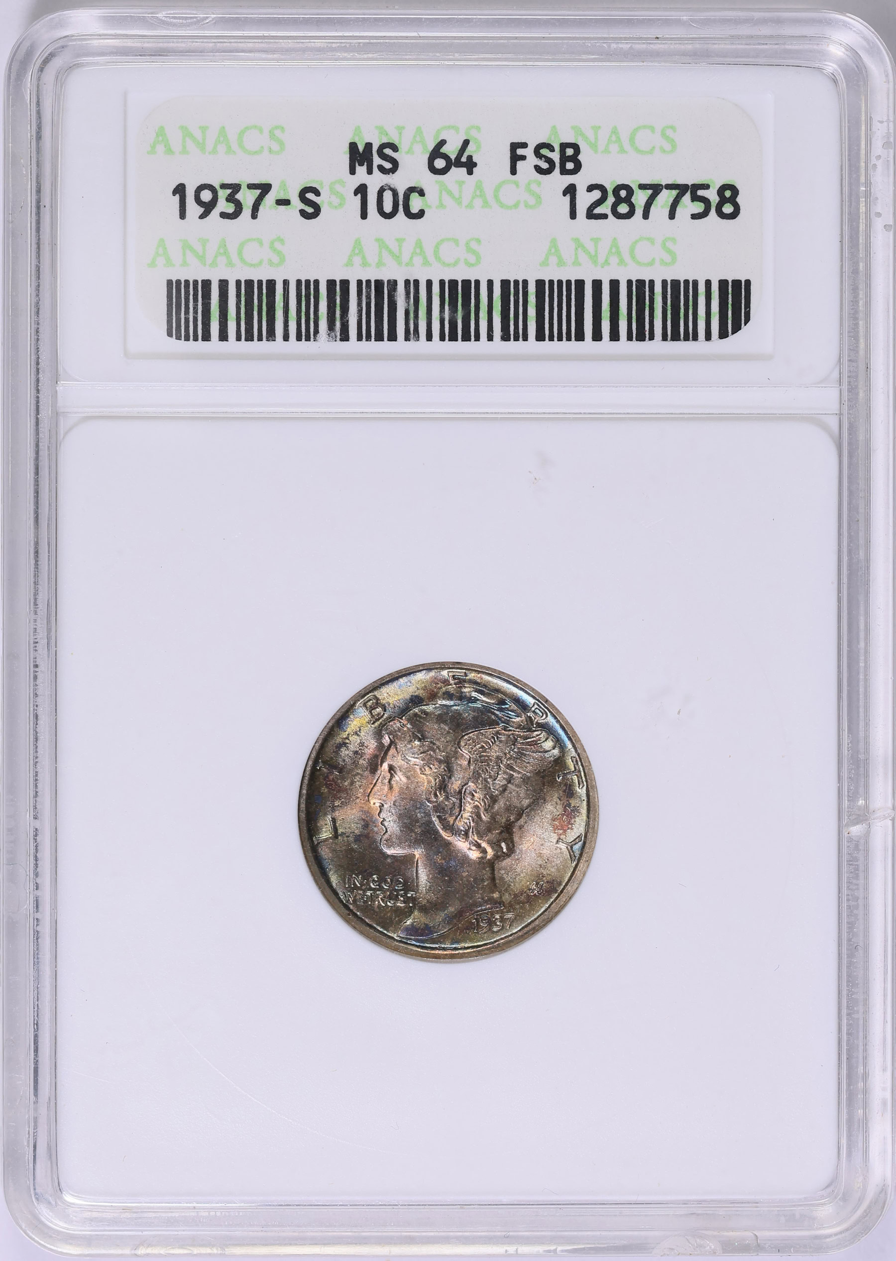 1937-S Mercury Dime ANACS MS-64 FB OH (Toned) (Item 1837843) | GreatCollections Coin Auctions