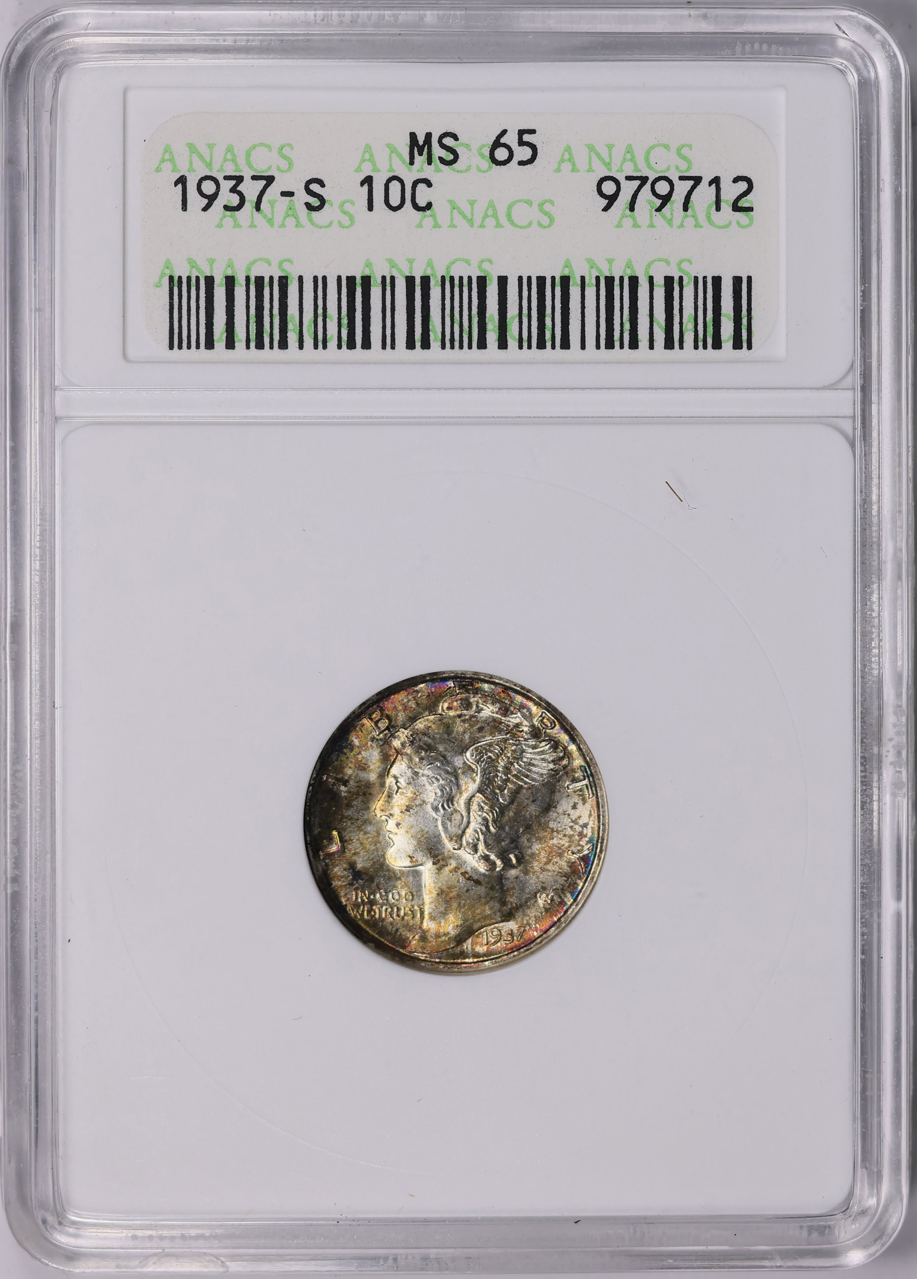 1937-S Mercury Dime ANACS MS-65 OH (Toned) (Item 1837845) | GreatCollections Coin Auctions