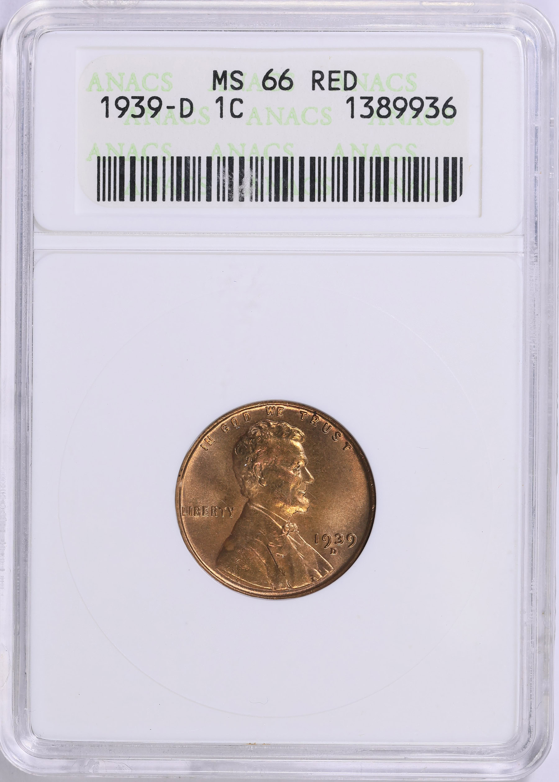 1939-D Lincoln Cent ANACS MS-66 RD OH (Item 1837846) | GreatCollections Coin Auctions