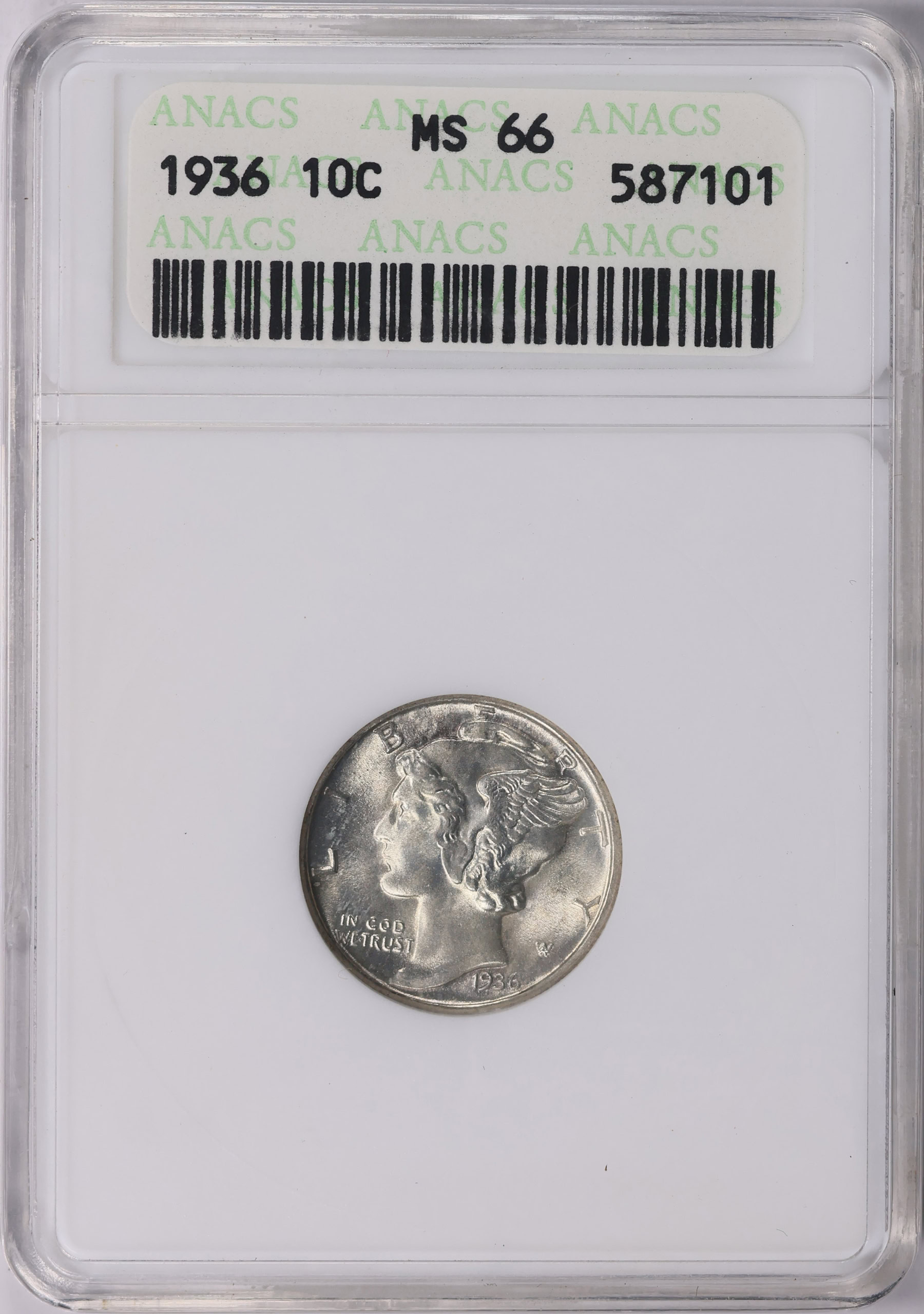 1936 Mercury Dime ANACS MS-66 OH (Item 1837852) | GreatCollections Coin Auctions