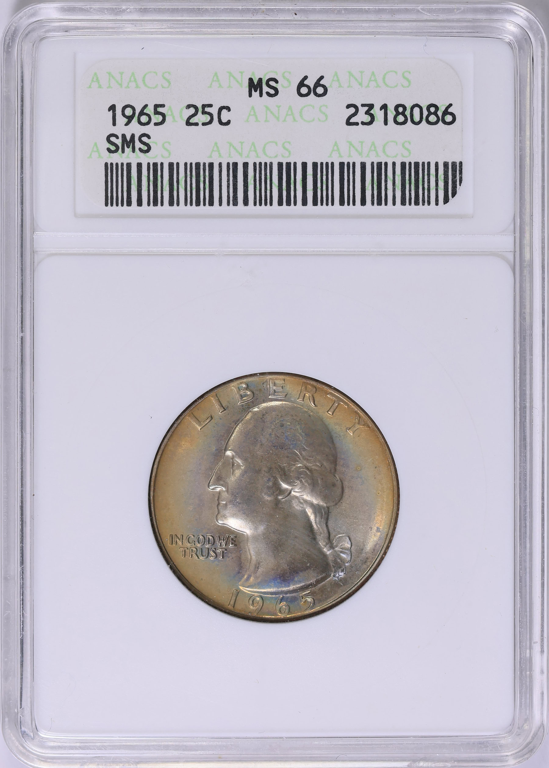 1965 Washington Quarter ANACS MS-66 OH (Toned) (Item 1837857) | GreatCollections Coin Auctions