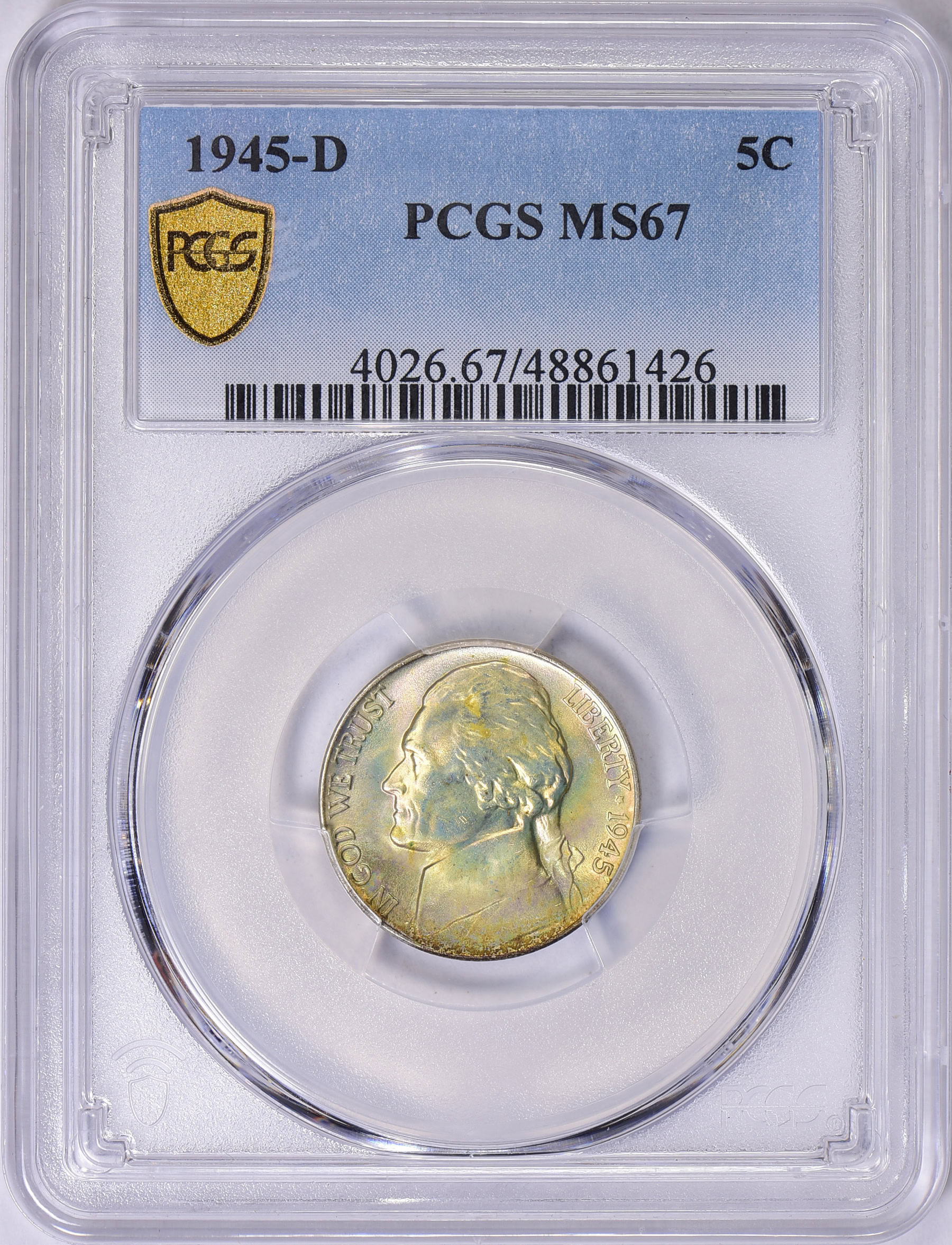 1945-D Jefferson Nickel PCGS MS-67 (Toned) (Item 1837910) | GreatCollections Coin Auctions