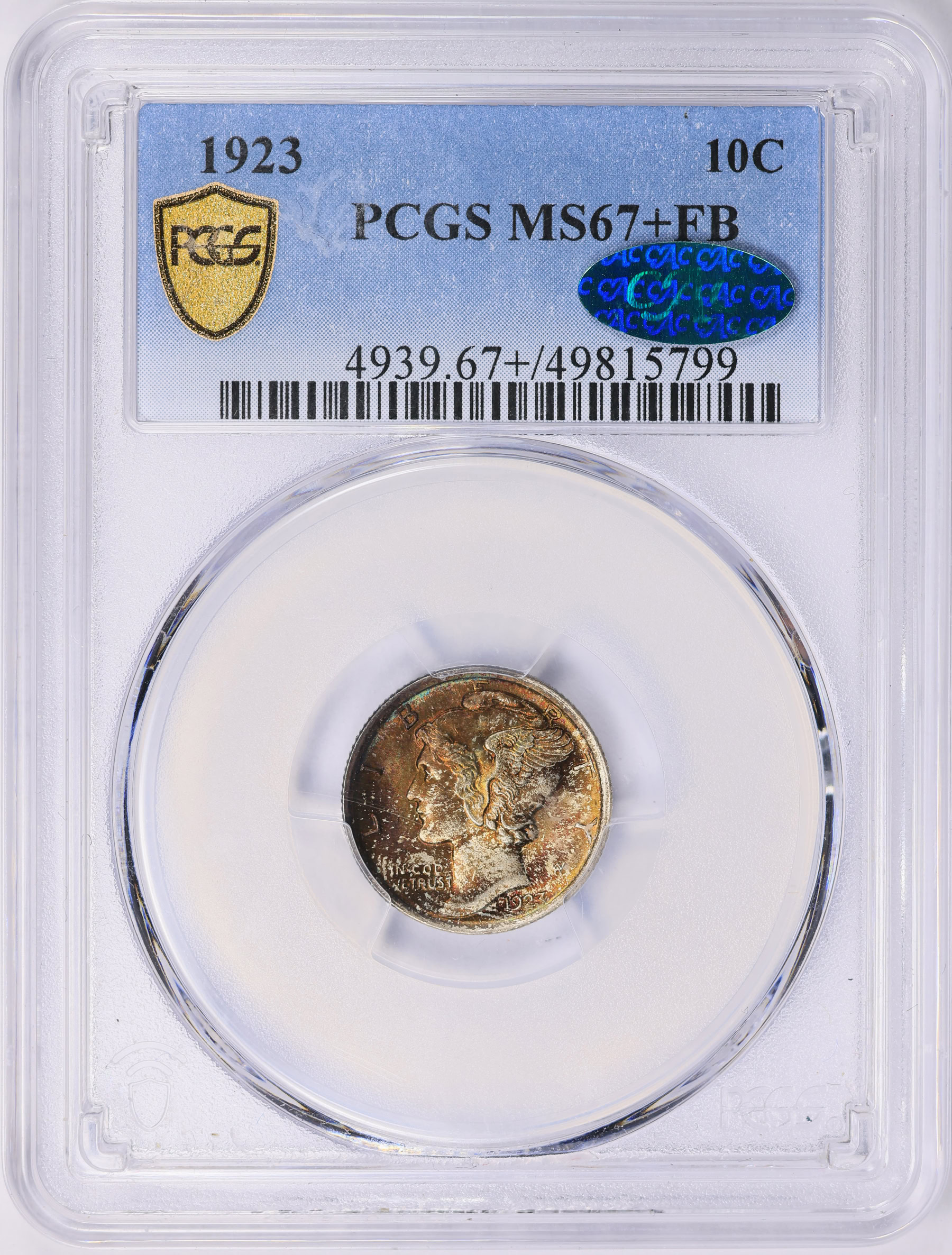 1923 Mercury Dime PCGS MS-67+ FB (CAC Green) (Toned) (Item 1837911) | GreatCollections Coin Auctions