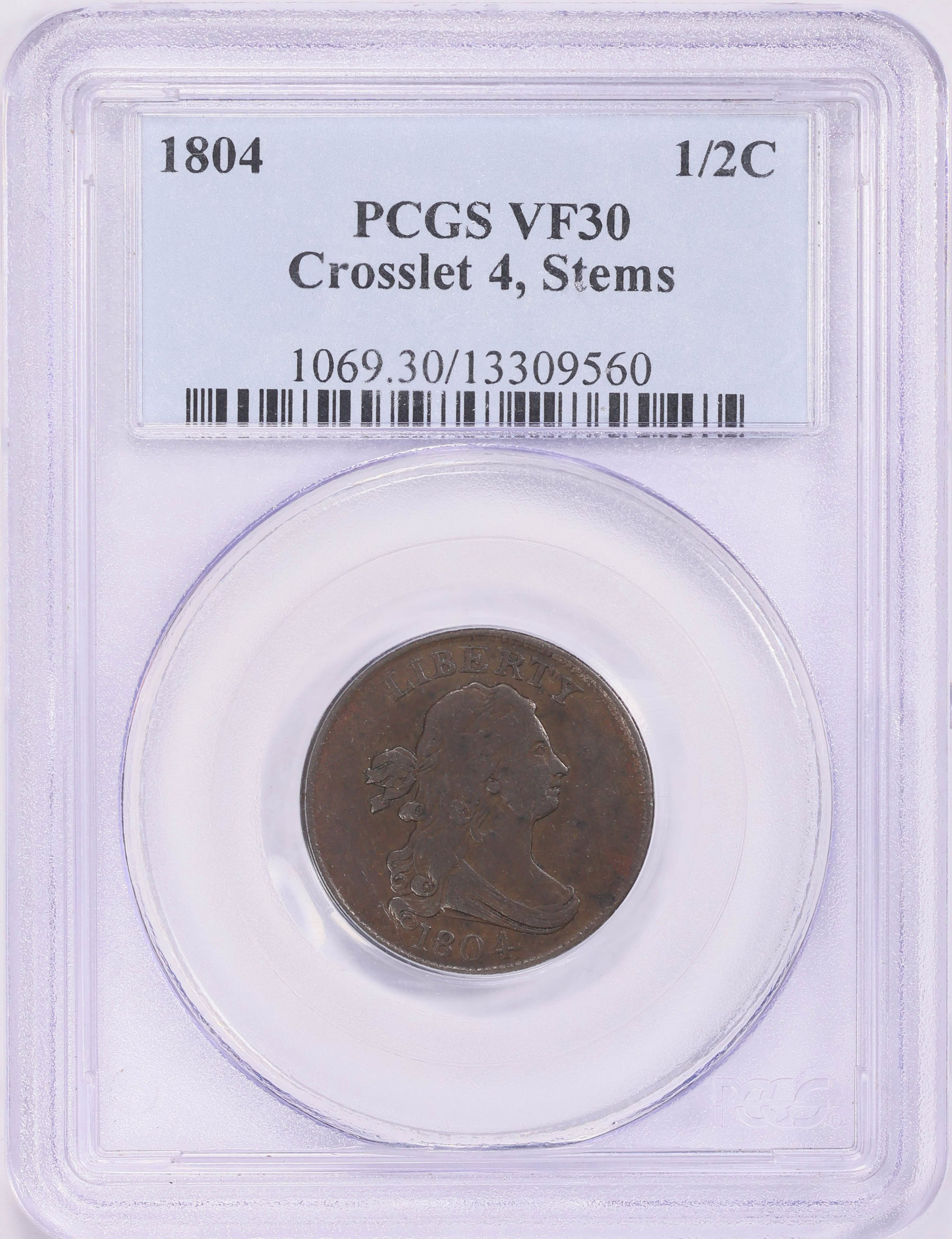 1804 Draped Bust Half Cent Crosslet 4, Stems PCGS VF-30 BN (Item ...