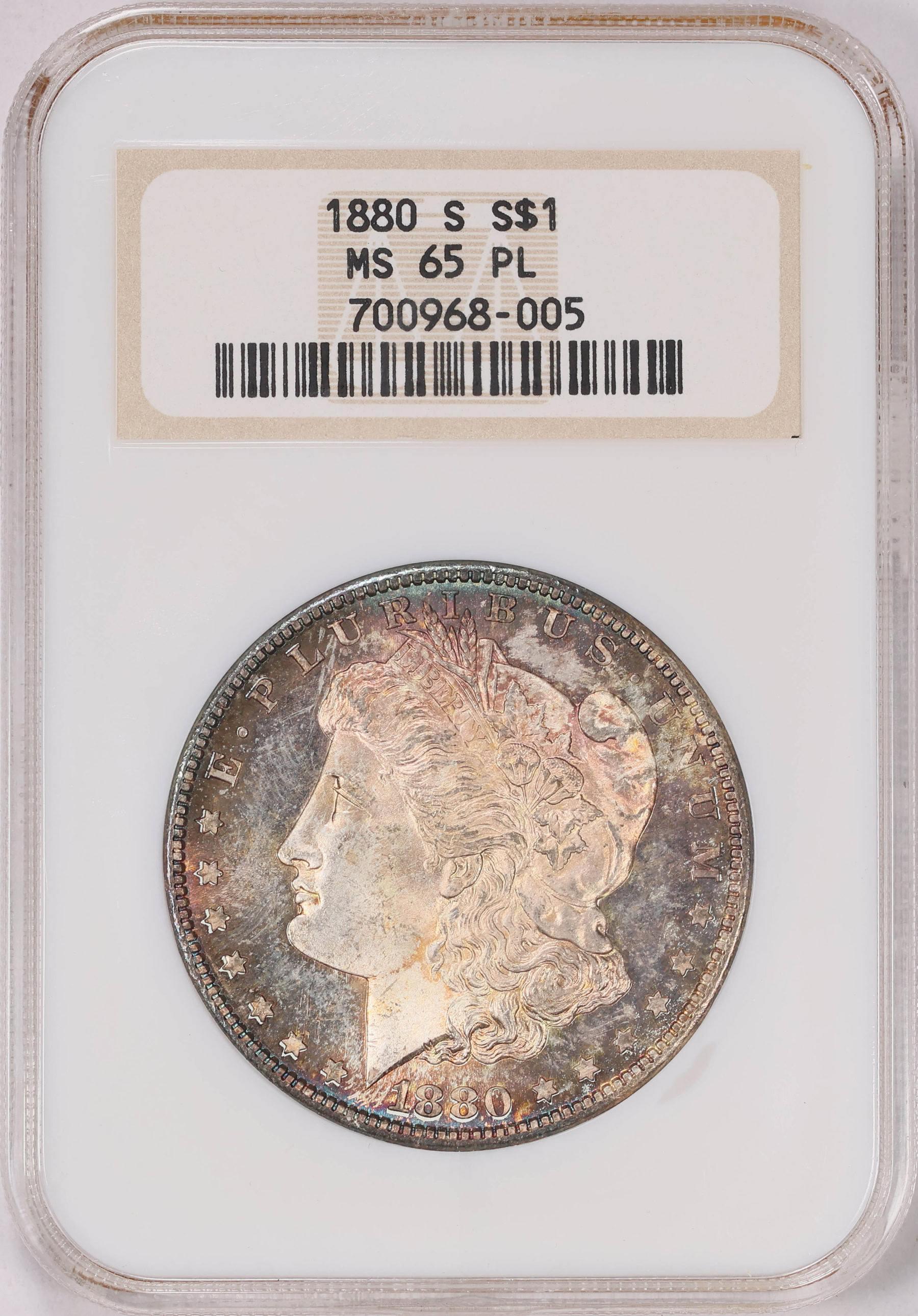 1880-S Morgan Silver Dollar NGC MS-65 PL OH (Toned) (Item 1838191) | GreatCollections Coin Auctions