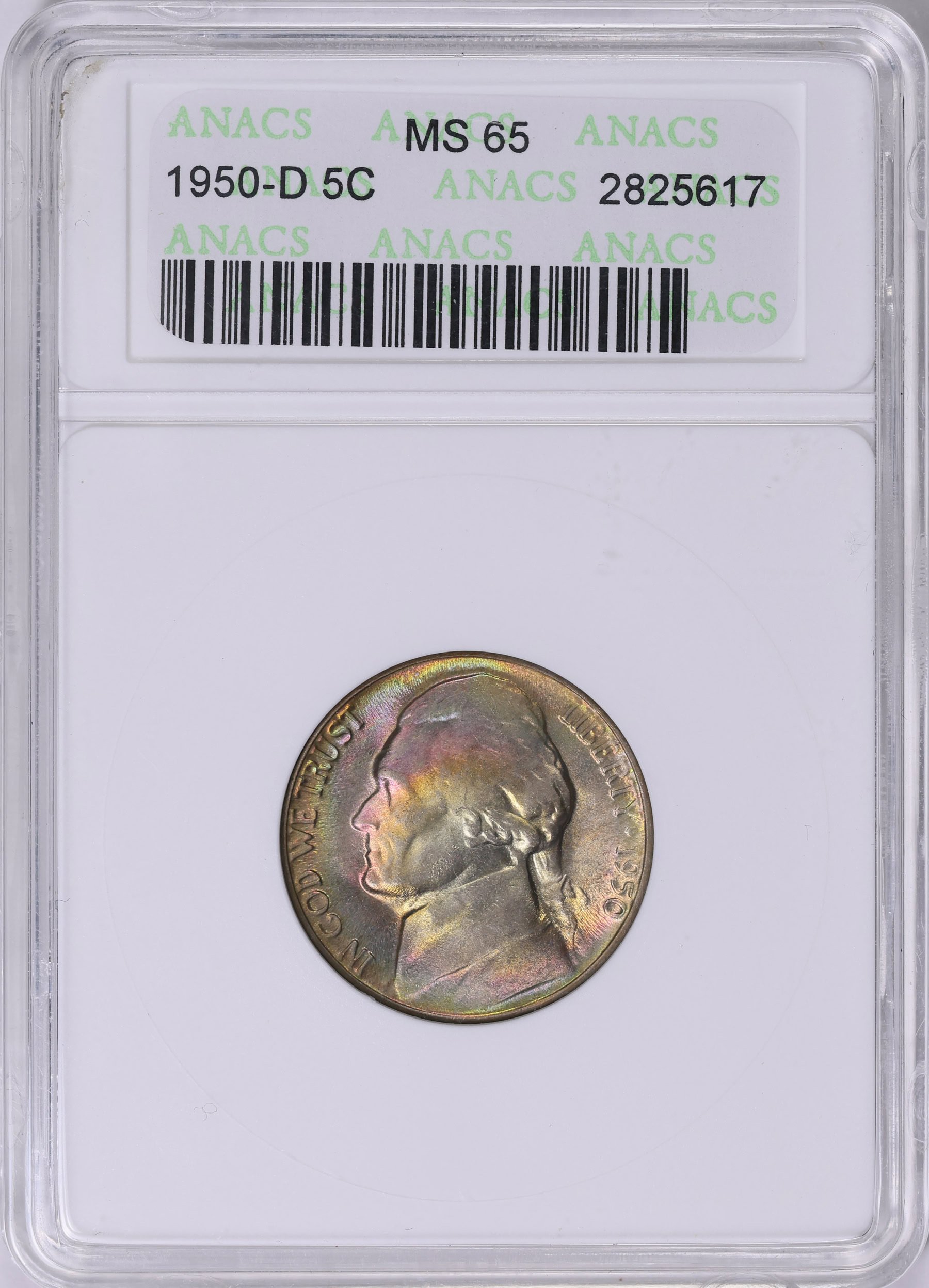 1950-D Jefferson Nickel ANACS MS-65 OH (Toned) (Item 1838543) | GreatCollections Coin Auctions