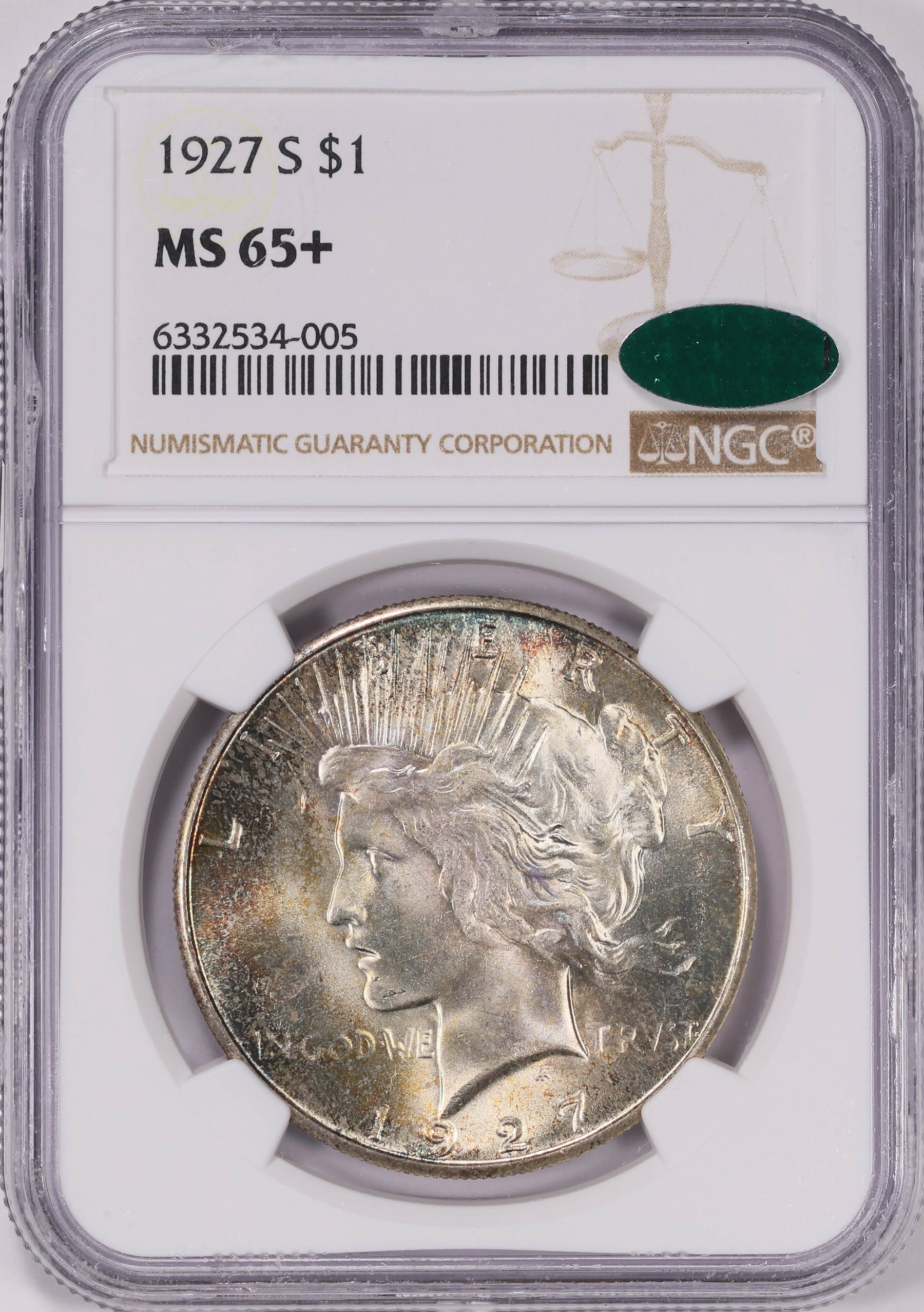 1927-S Peace Silver Dollar NGC MS-65+ (CAC Green) (Toned) (Item 1838561) | GreatCollections Coin ...