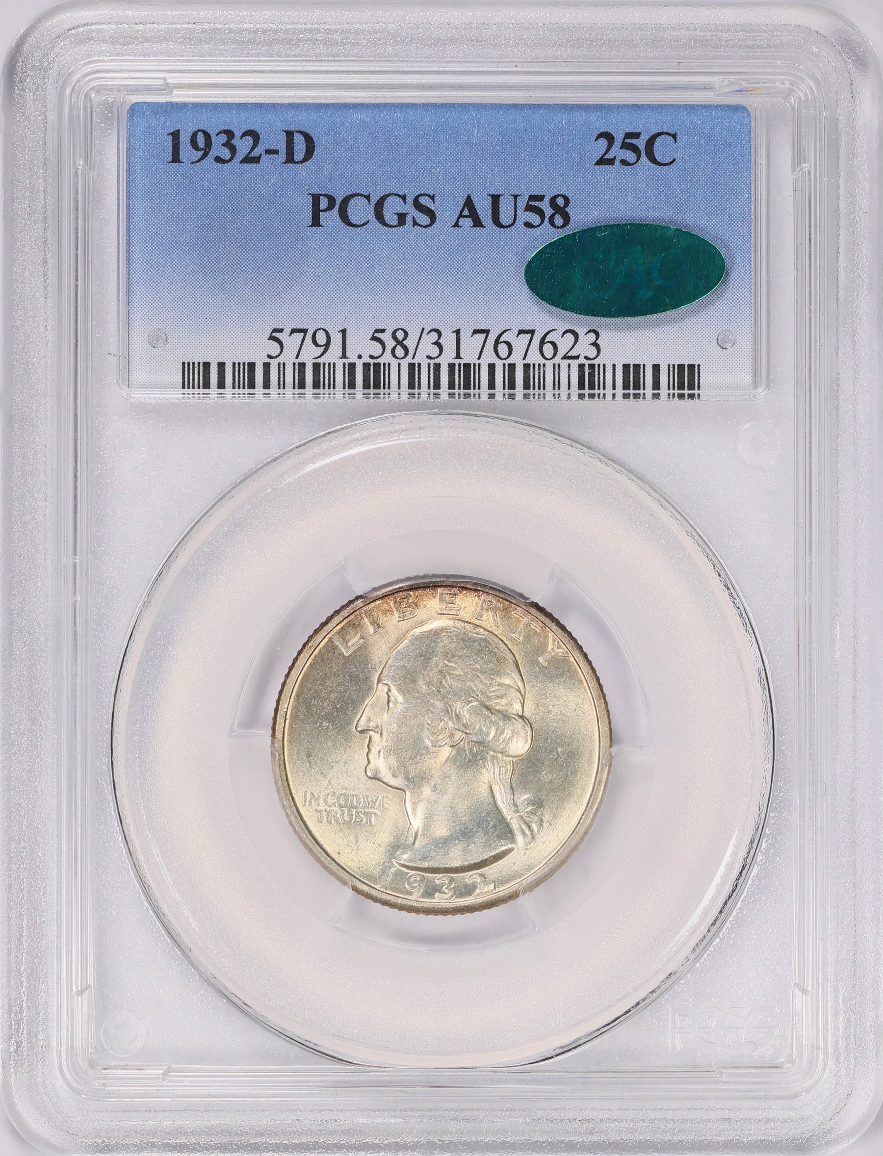 1932-D Washington Quarter PCGS AU-58 (CAC Green) (Item 1838564) | GreatCollections Coin Auctions