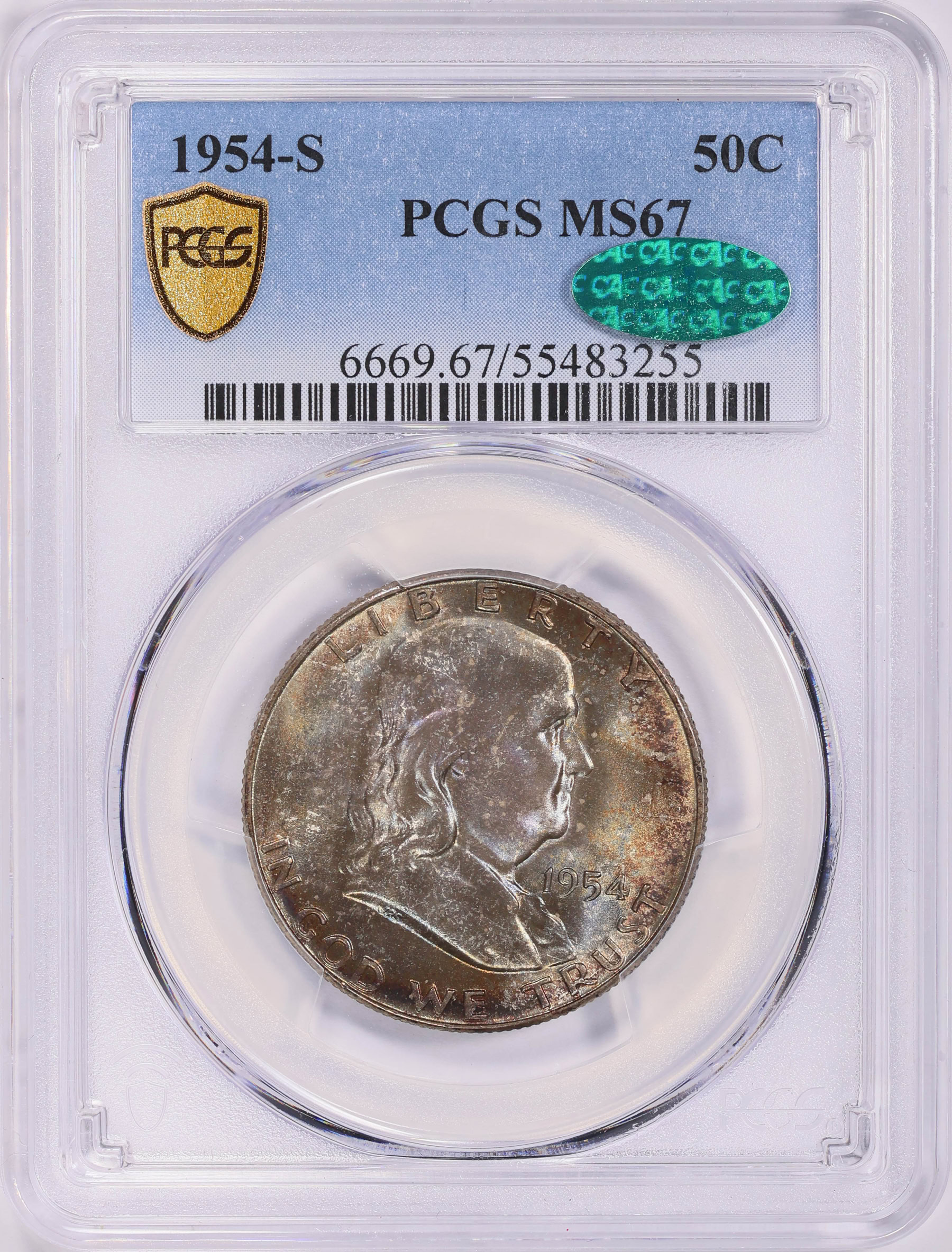 1954-S Franklin Half Dollar PCGS MS-67 (CAC Green) (Toned) (Item 1838594) | GreatCollections ...