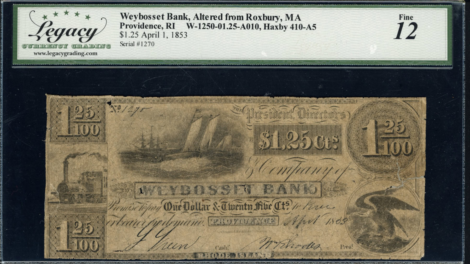 Apr. 1, 1853 Providence, Rhode Island Weybosset Bank $1.25 Note Altered ...