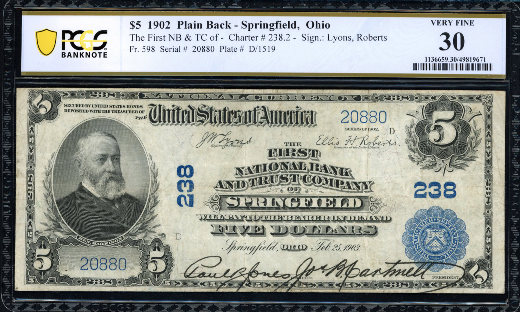 Fr. 598 Springfield, Ohio 1902 $5 Plain Back Note The First National ...
