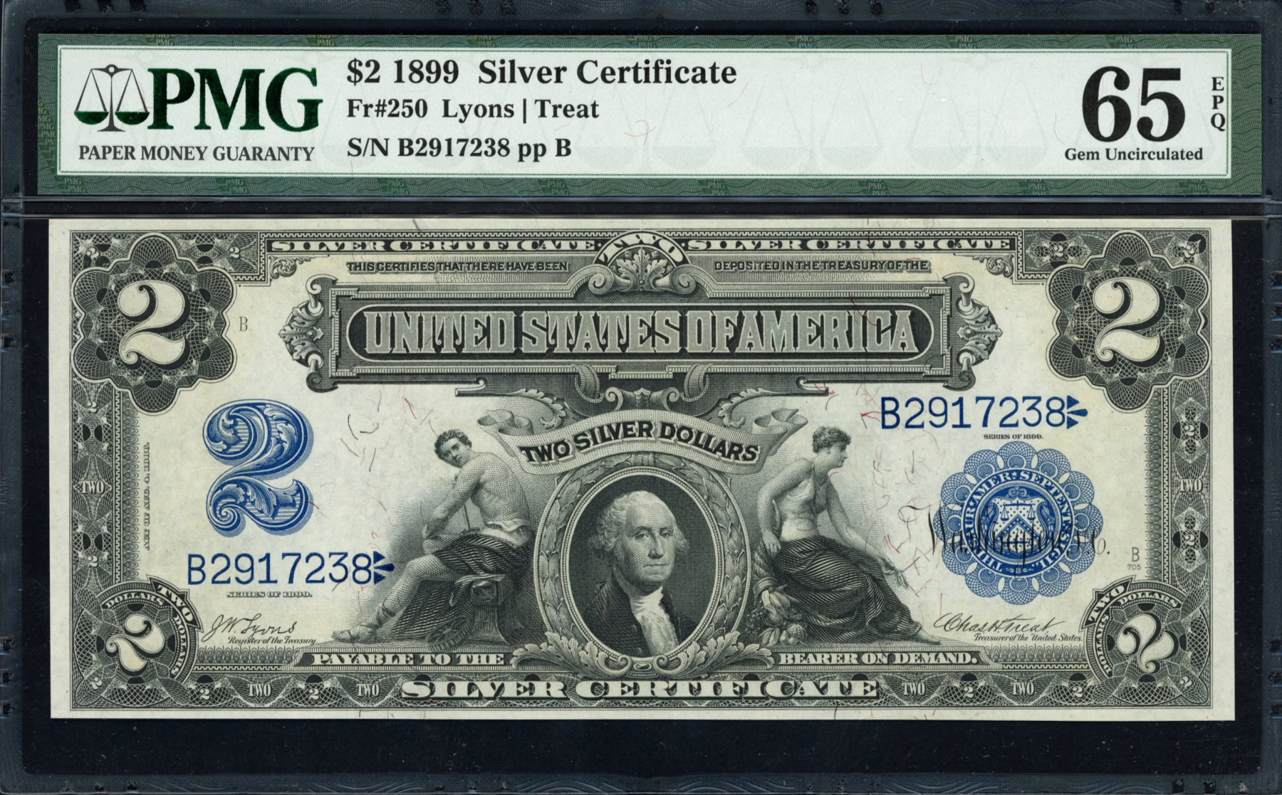 Fr. 250 1899 $2 Silver Certificate Note Lyons / Treat PMG Gem Uncirculated 65 EPQ | PMG Cert ...