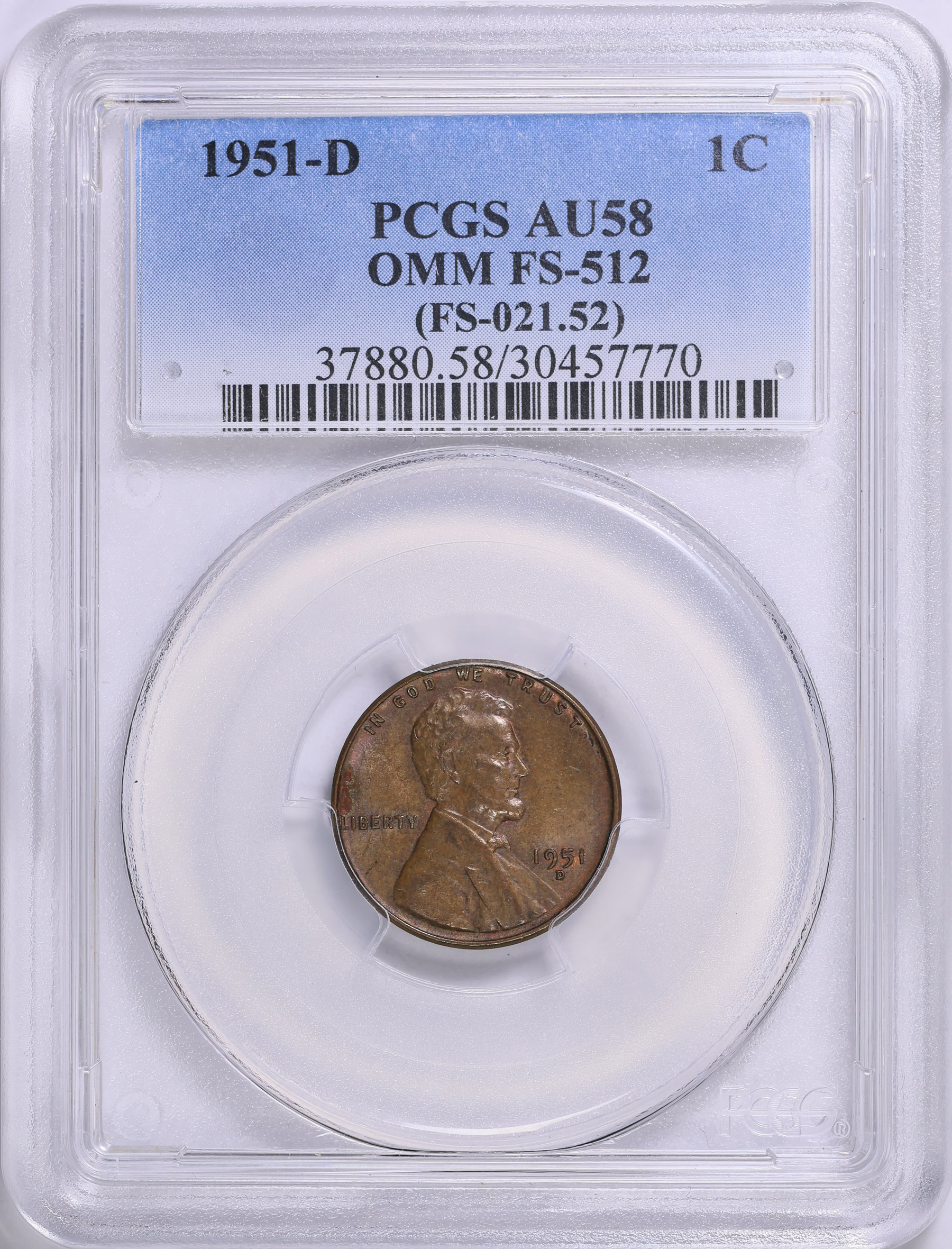 1951-D Lincoln Cent Over Mintmark FS-512 (021.52) PCGS AU-58 BN (Item 1839041 ...