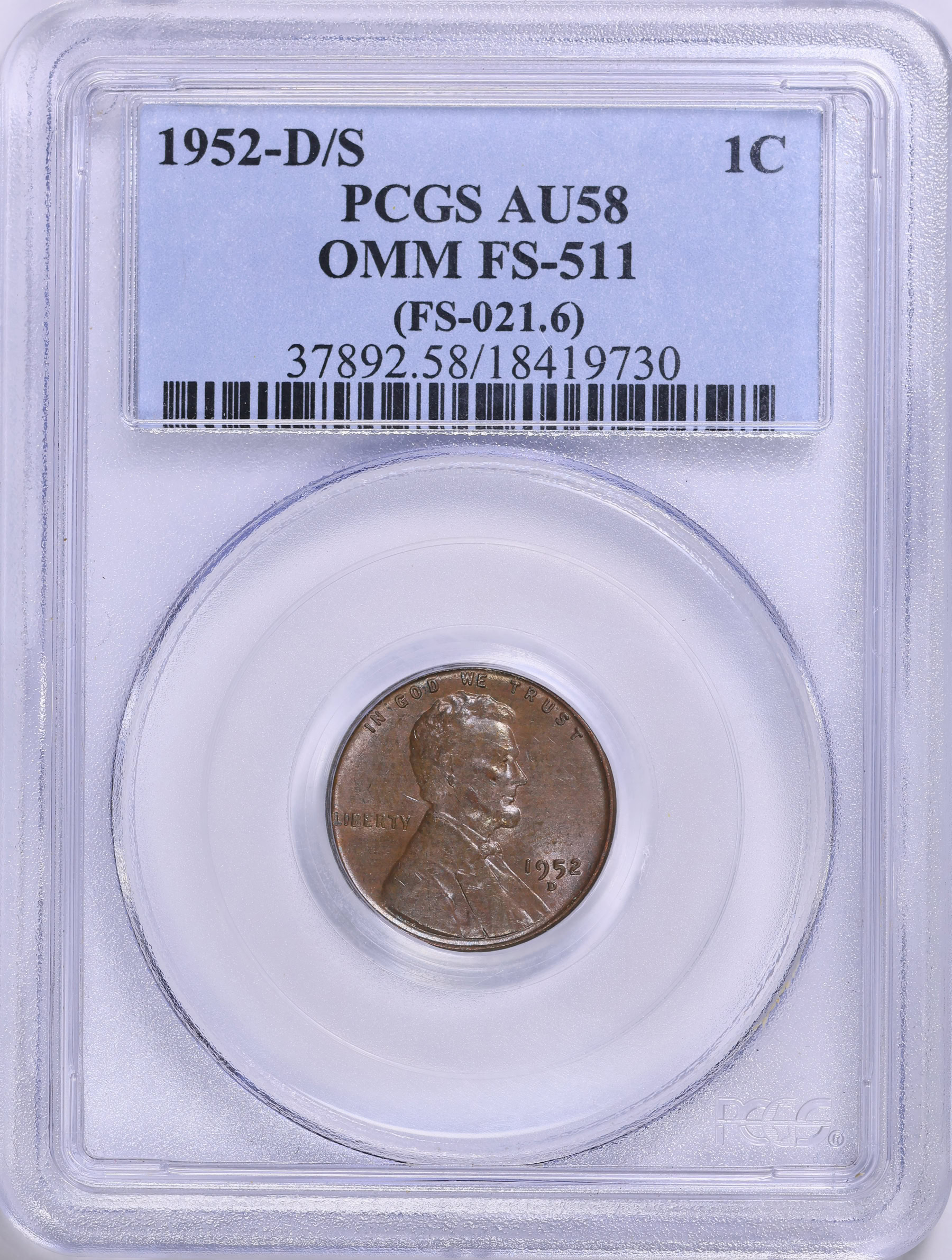 1952-D/S Lincoln Cent Over Mintmark FS-511 (FS-021.6) PCGS AU-58 BN (Item 1839053 ...