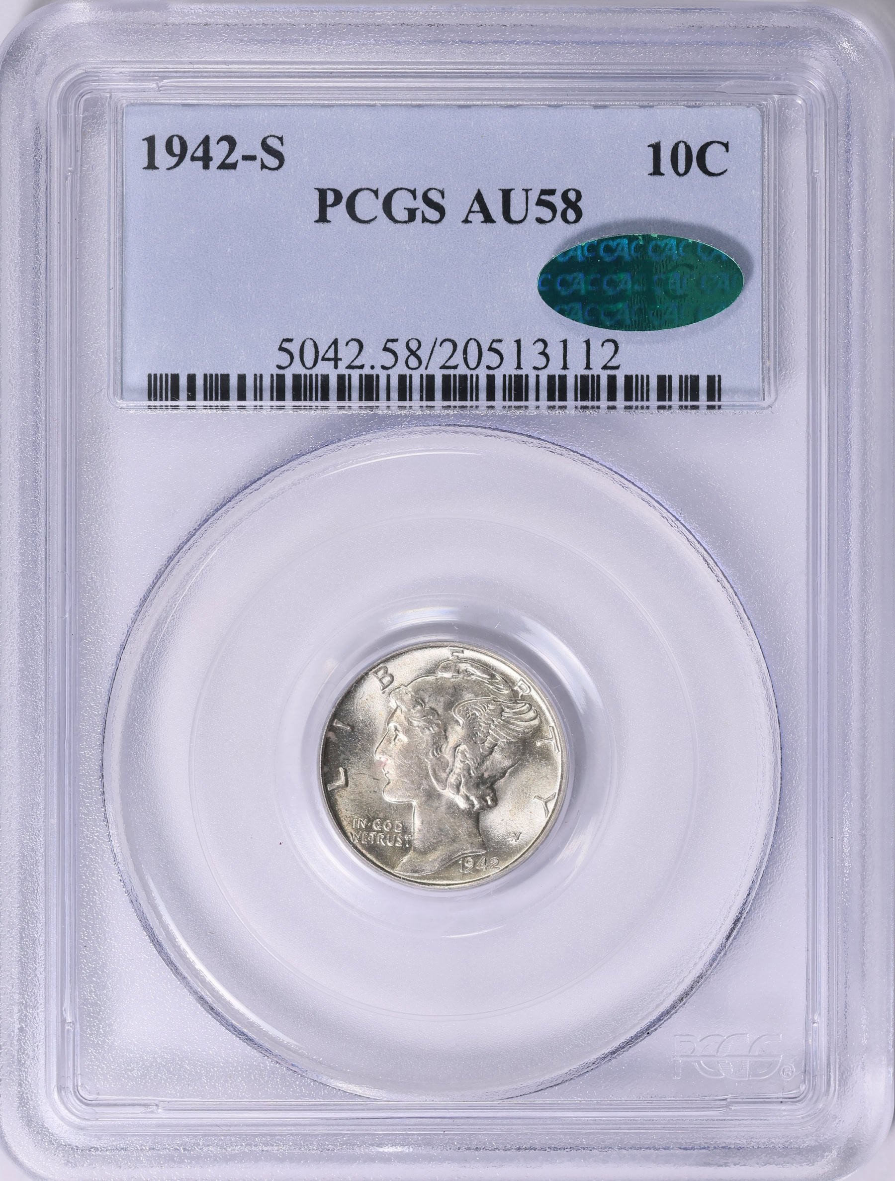 1942-S Mercury Dime PCGS AU-58 (CAC Green) (Item 1839056) | GreatCollections Coin Auctions