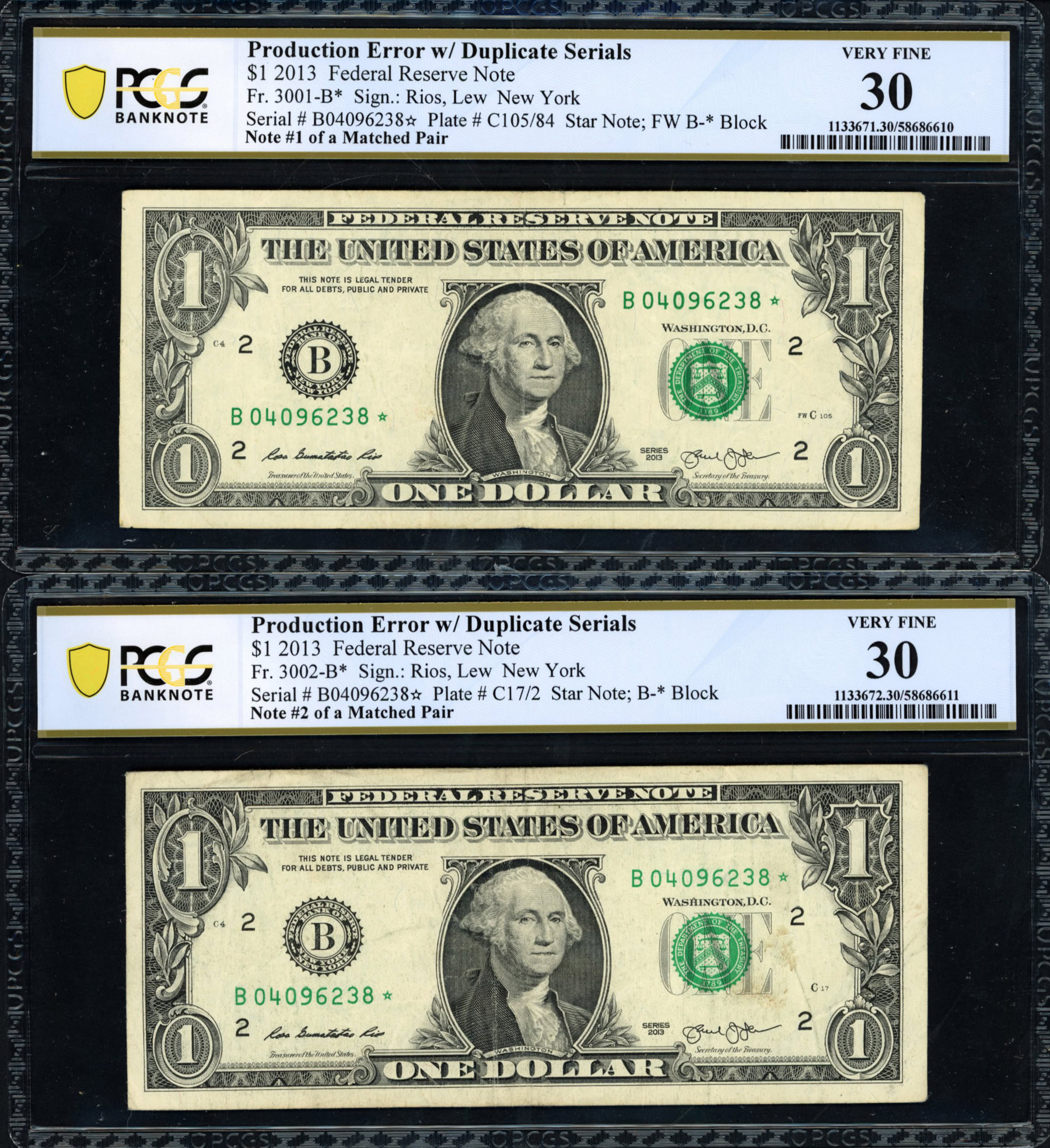 Fr. 3001-B★ & 3002-B★ 2013 $1 New York Federal Reserve Error Star Note ...
