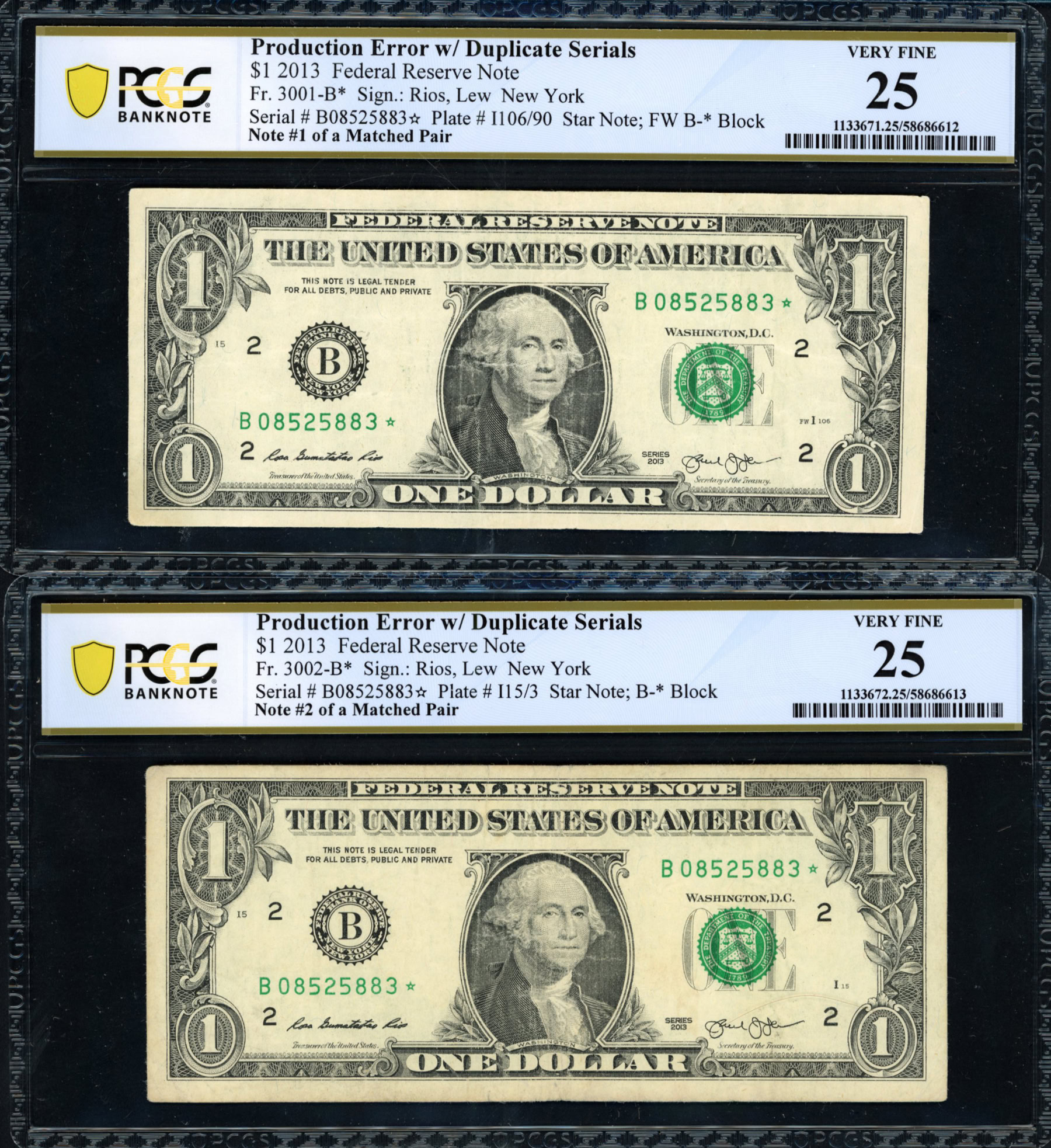 Fr. 3001-B★ & 3002-B★ 2013 $1 New York Federal Reserve Error Star Note ...