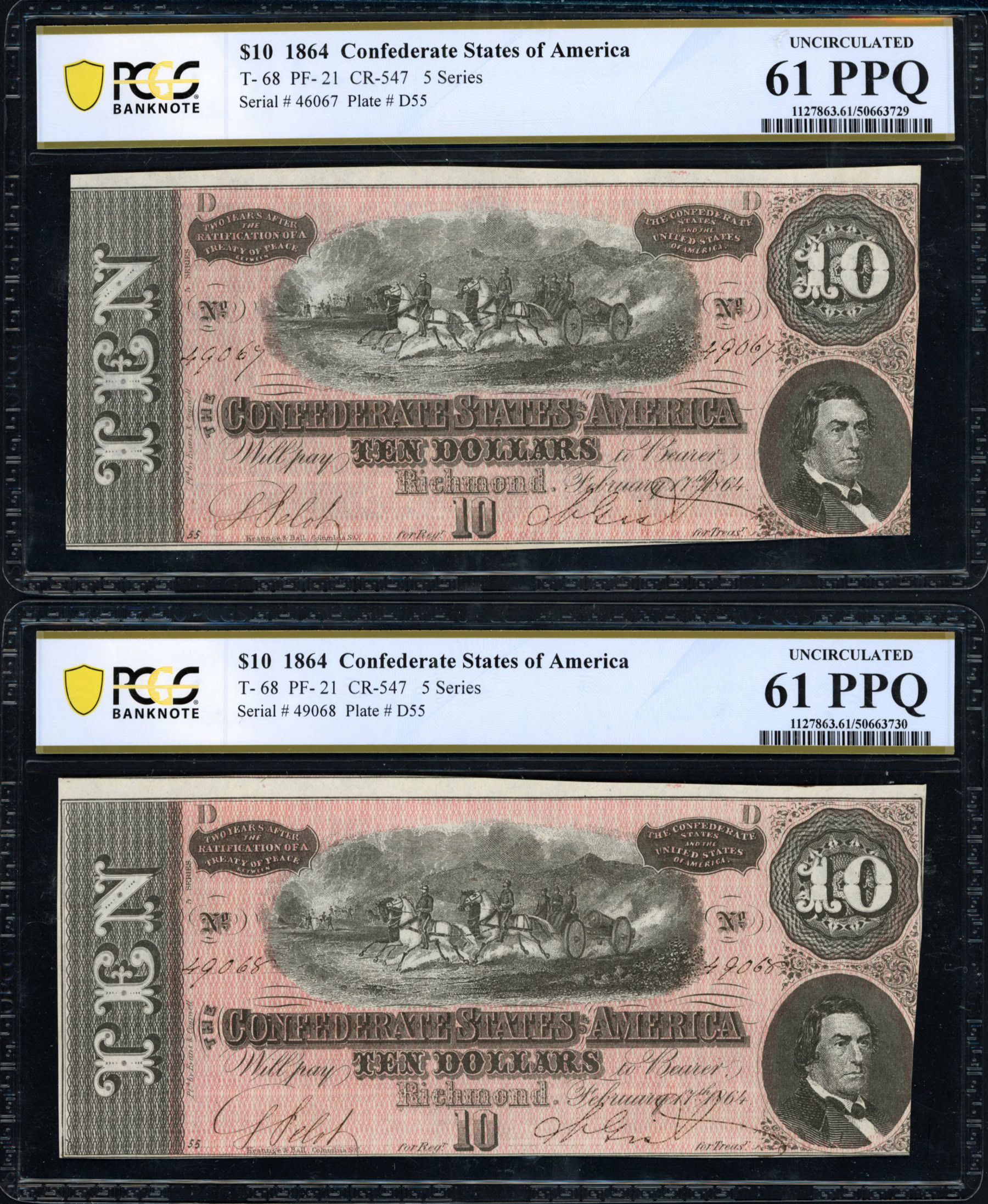 T-68 Confederate States of America 1864 $10 Notes *Sequential Serial ...