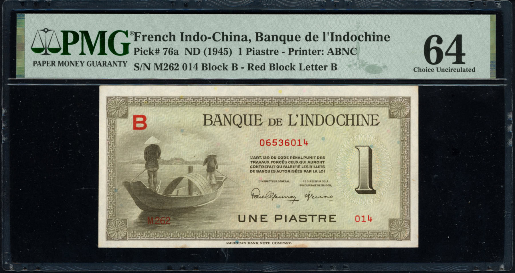 French Indo-China ND (1945) 1 Piastre Banque de l'Indochine Note SCWPM ...