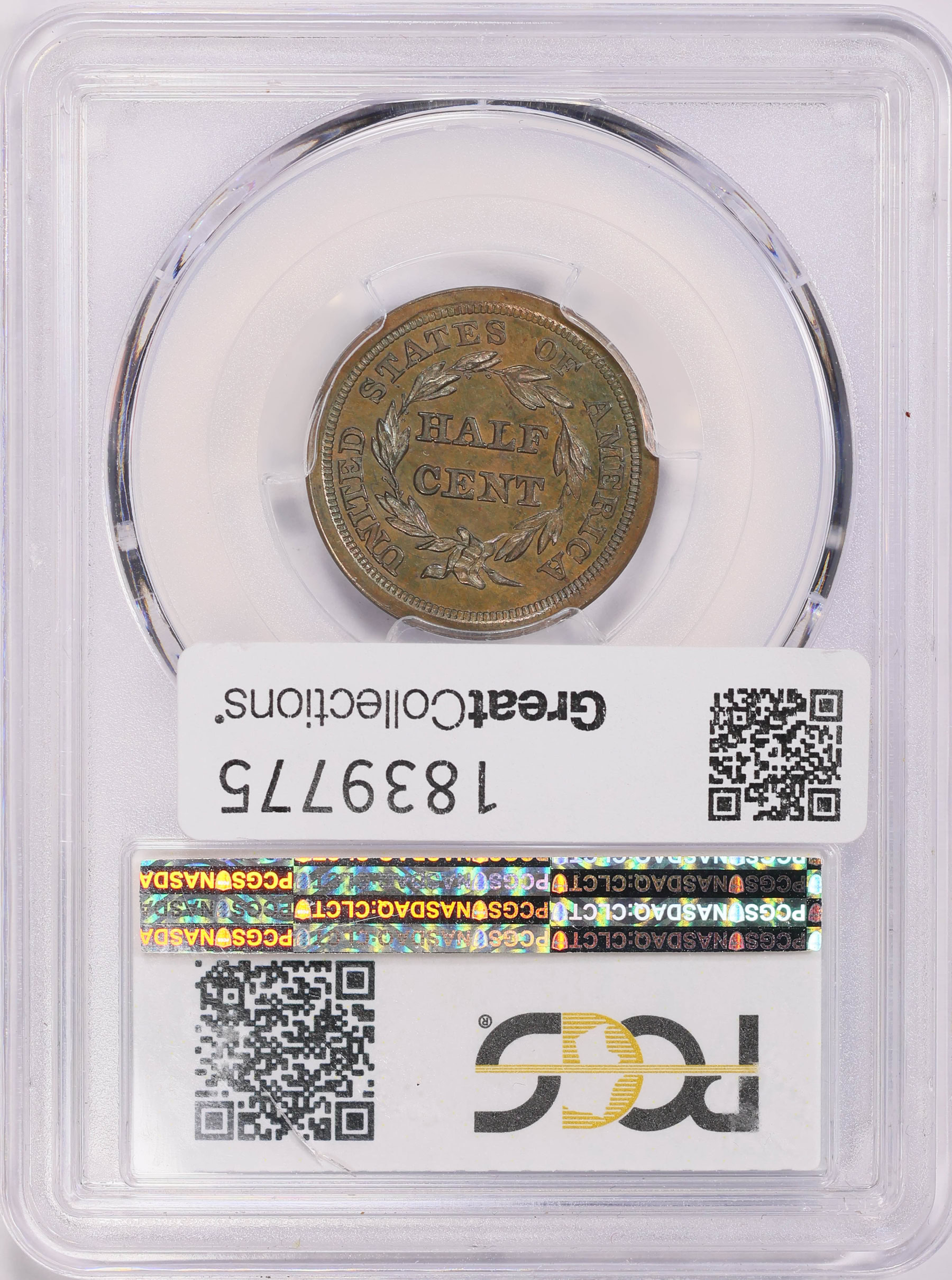 1852 Braided Hair Half Cent Restrike, Reverse of 1856 PCGS Proof-66 BN ...