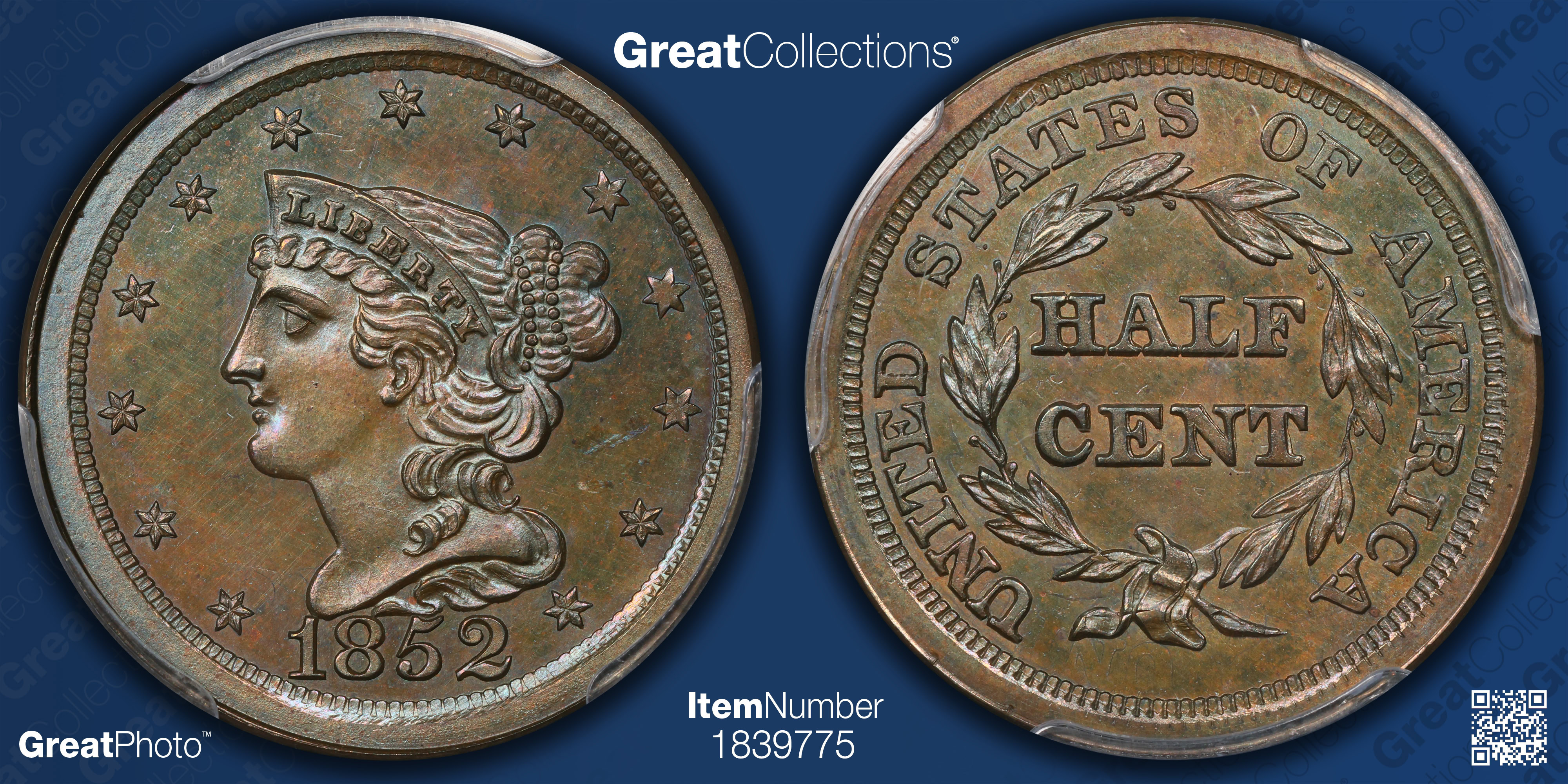 1852 Braided Hair Half Cent Restrike, Reverse of 1856 PCGS Proof-66 BN ...