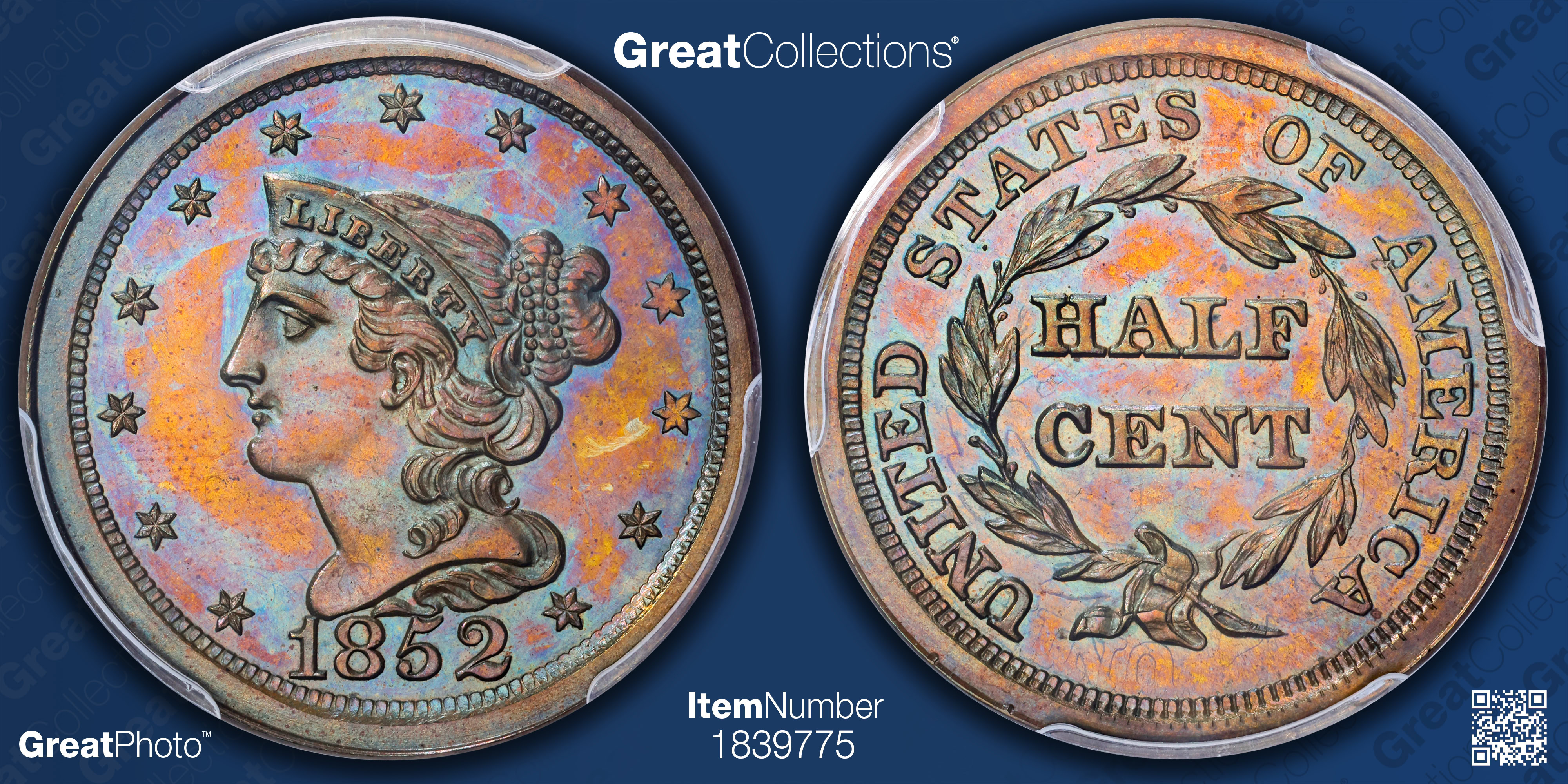 1852 Braided Hair Half Cent Restrike, Reverse of 1856 PCGS Proof-66 BN ...