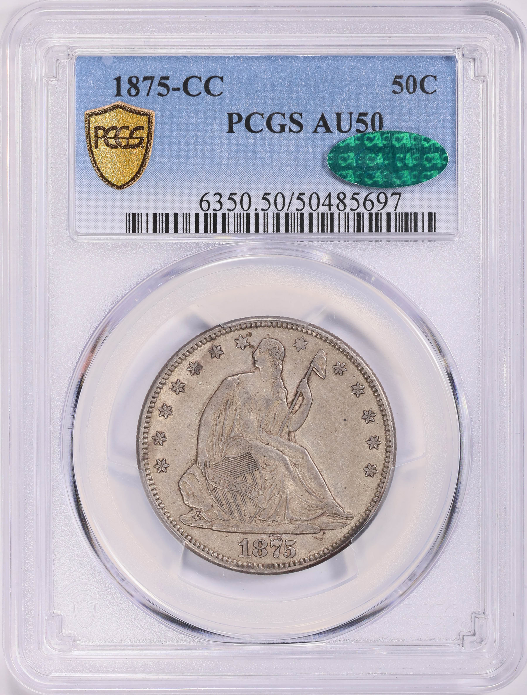 1875-CC Seated Liberty Half Dollar PCGS AU-50 (CAC Green) (Item 1839781) | GreatCollections Coin ...