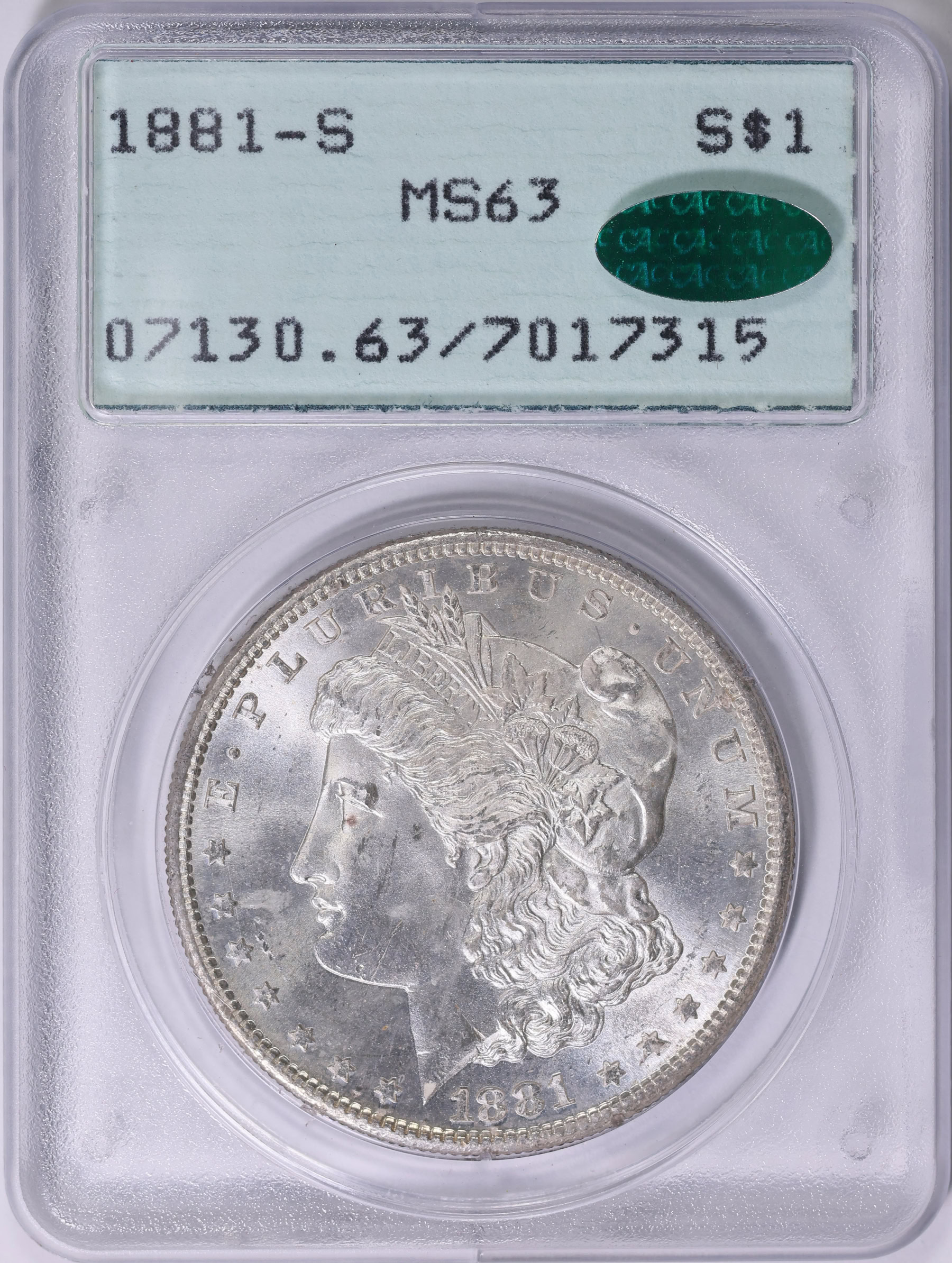 1881-S Morgan Silver Dollar PCGS MS-63 (CAC Green) OGH (1st Gen) (Item 1839816 ...