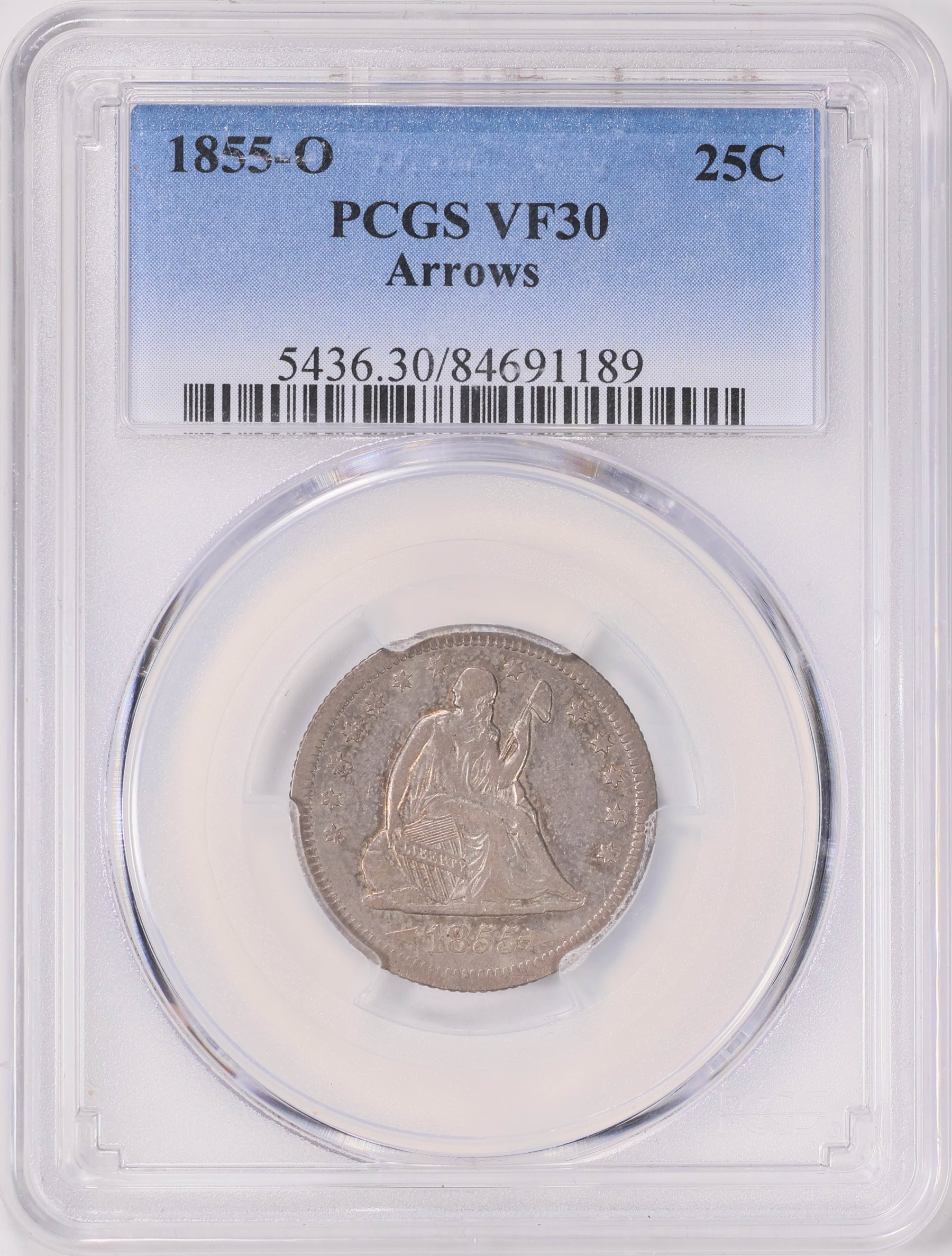 1855-O Seated Liberty Quarter Arrows PCGS VF-30 (Item 1839884) | GreatCollections Coin Auctions
