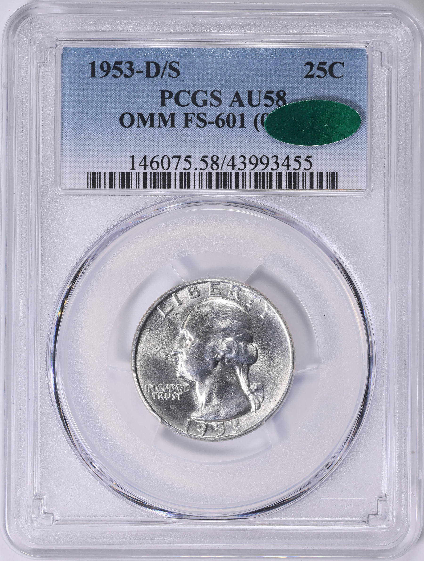 1953-D/S Washington Quarter Over Mintmark FS-601 PCGS AU-58 (CAC Green) (Item 1840177 ...