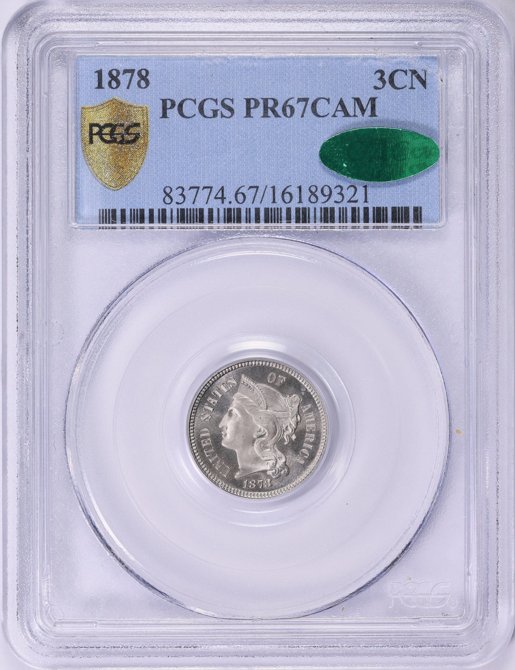 1878 Nickel Three-Cent Piece PCGS Proof-67 CAMEO (CAC Green) (Item ...