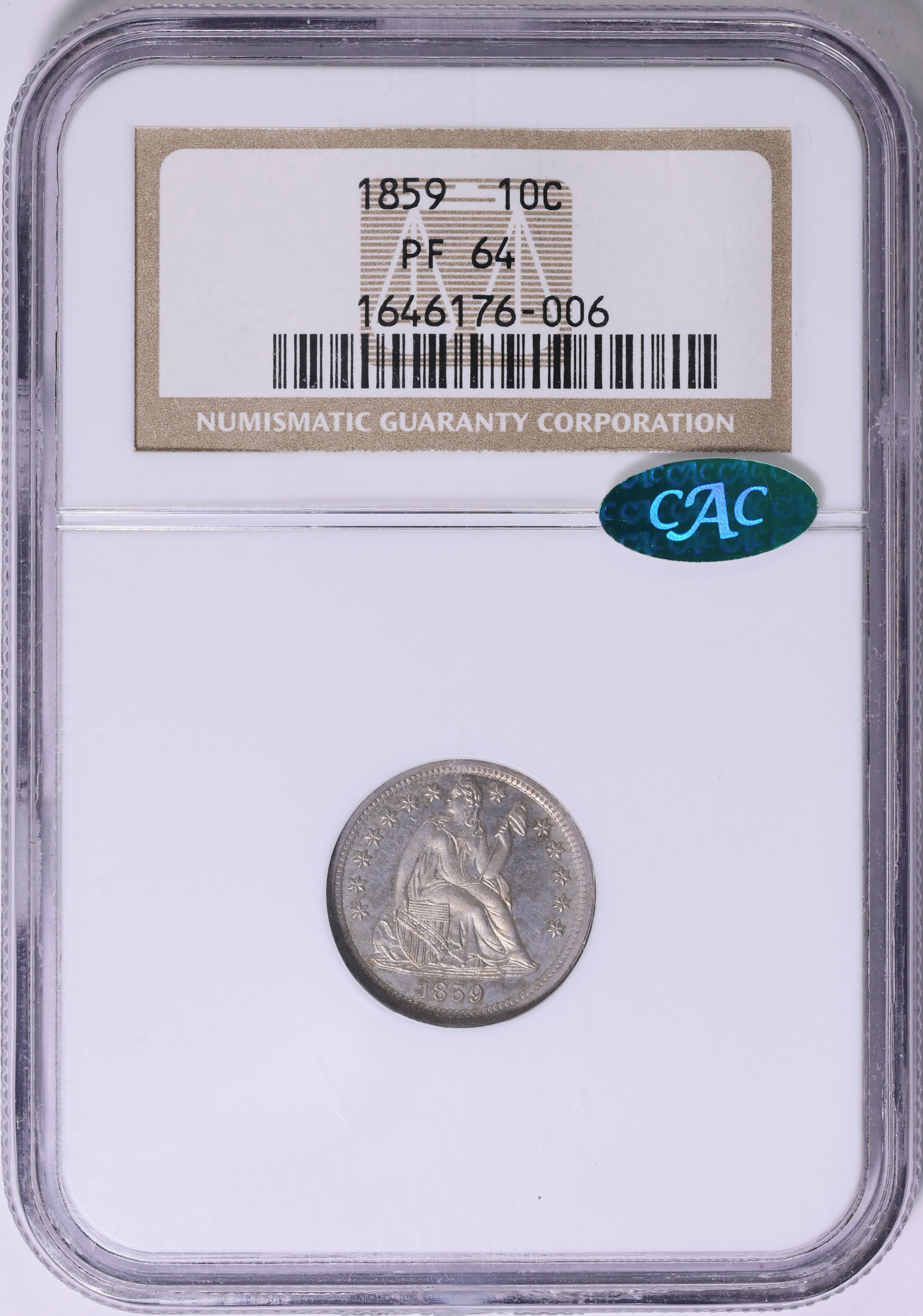 1859 Seated Liberty Dime NGC Proof-64 (CAC Green) (Item 1840451) | GreatCollections Coin Auctions