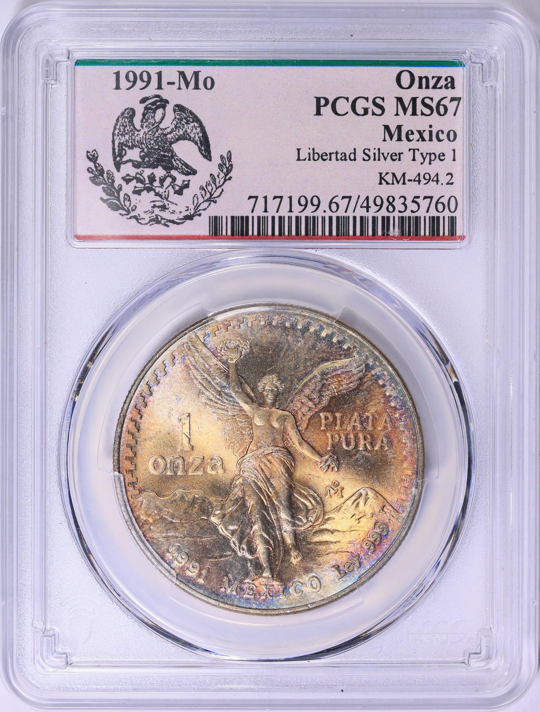 Mexico 1991-Mo Silver Onza Libertad Type 1 KM-494.2 PCGS MS-67 (Toned) (Item 1840456 ...