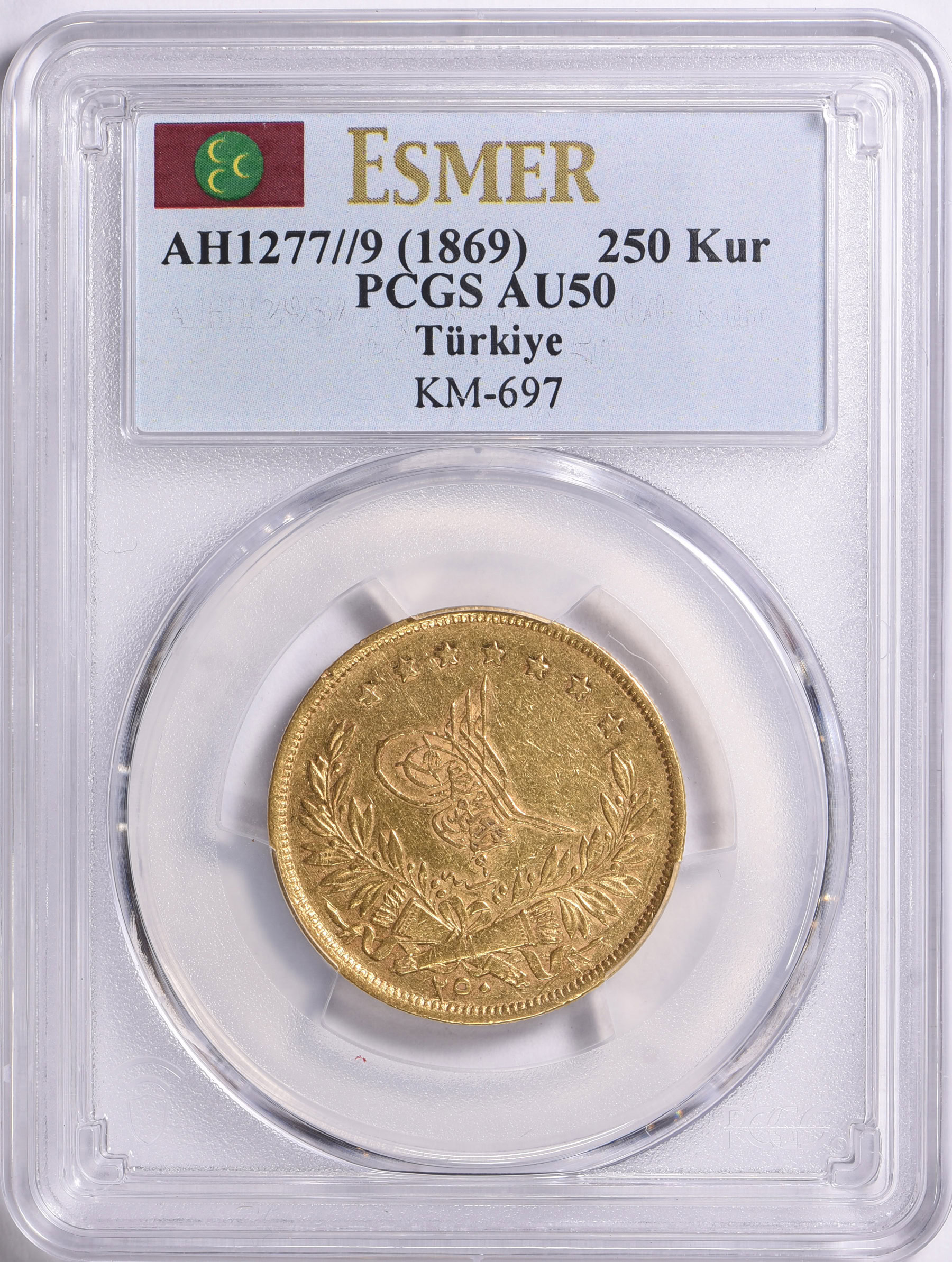 Turkey AH 1277 Year 9 (1869) Gold 250 Kurush KM-697 PCGS AU-50 (AGW = 0 ...