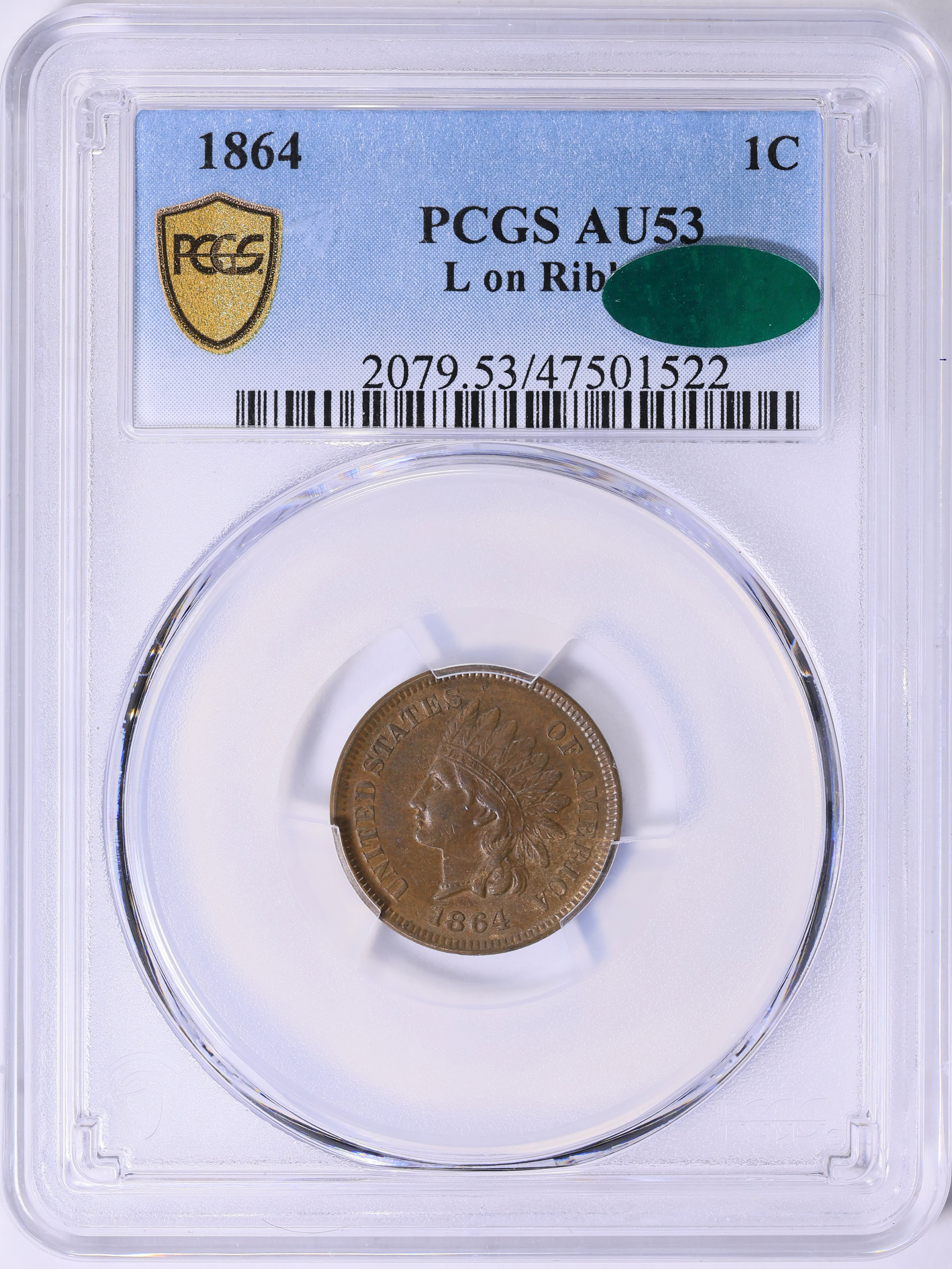 1864 Indian Cent L on Ribbon PCGS AU-53 BN (CAC Green) (Item 1841091) | GreatCollections Coin ...