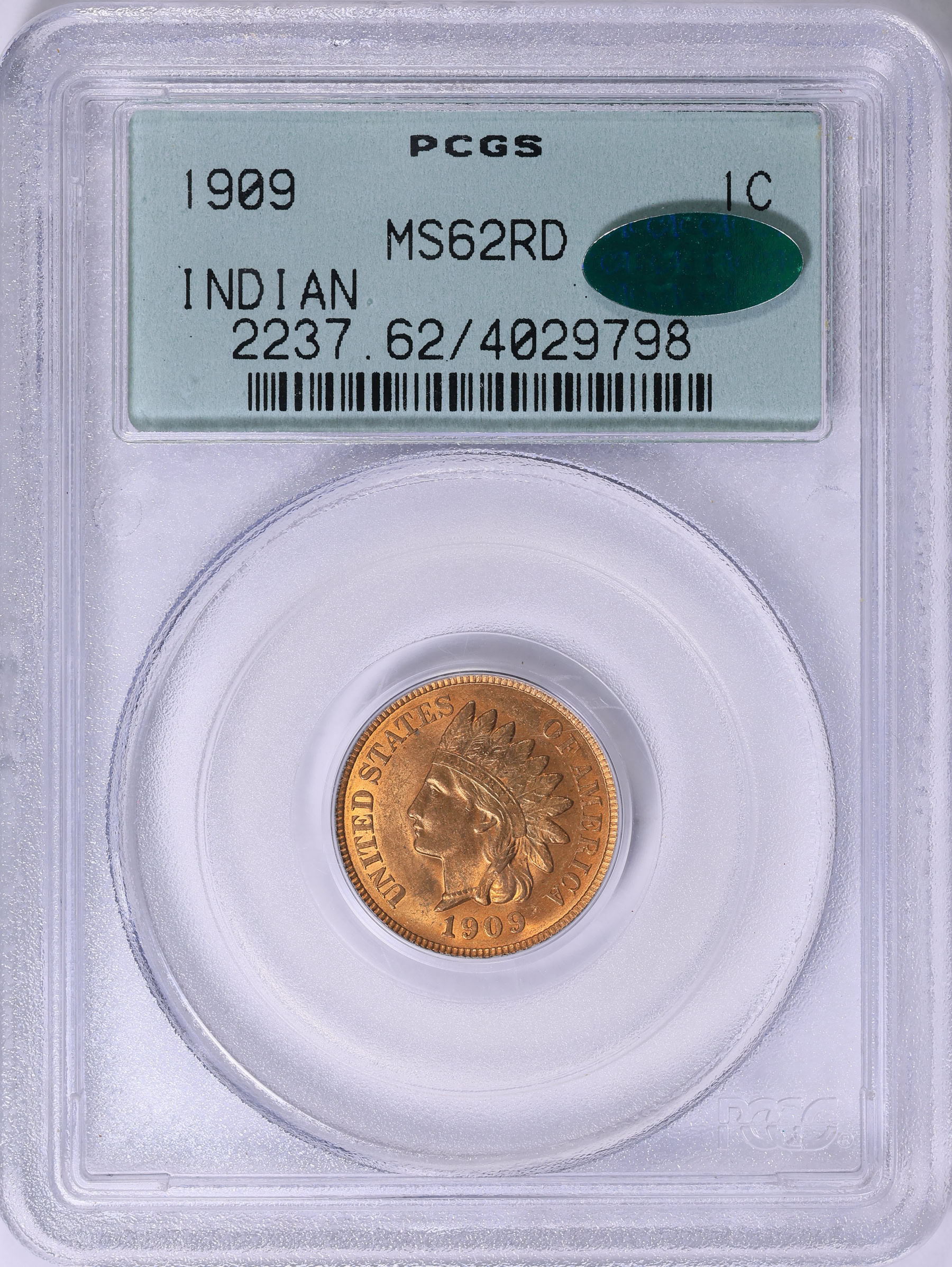 1909 Indian Cent PCGS MS-62 RD (CAC Green) OGH (Item 1841092) | GreatCollections Coin Auctions