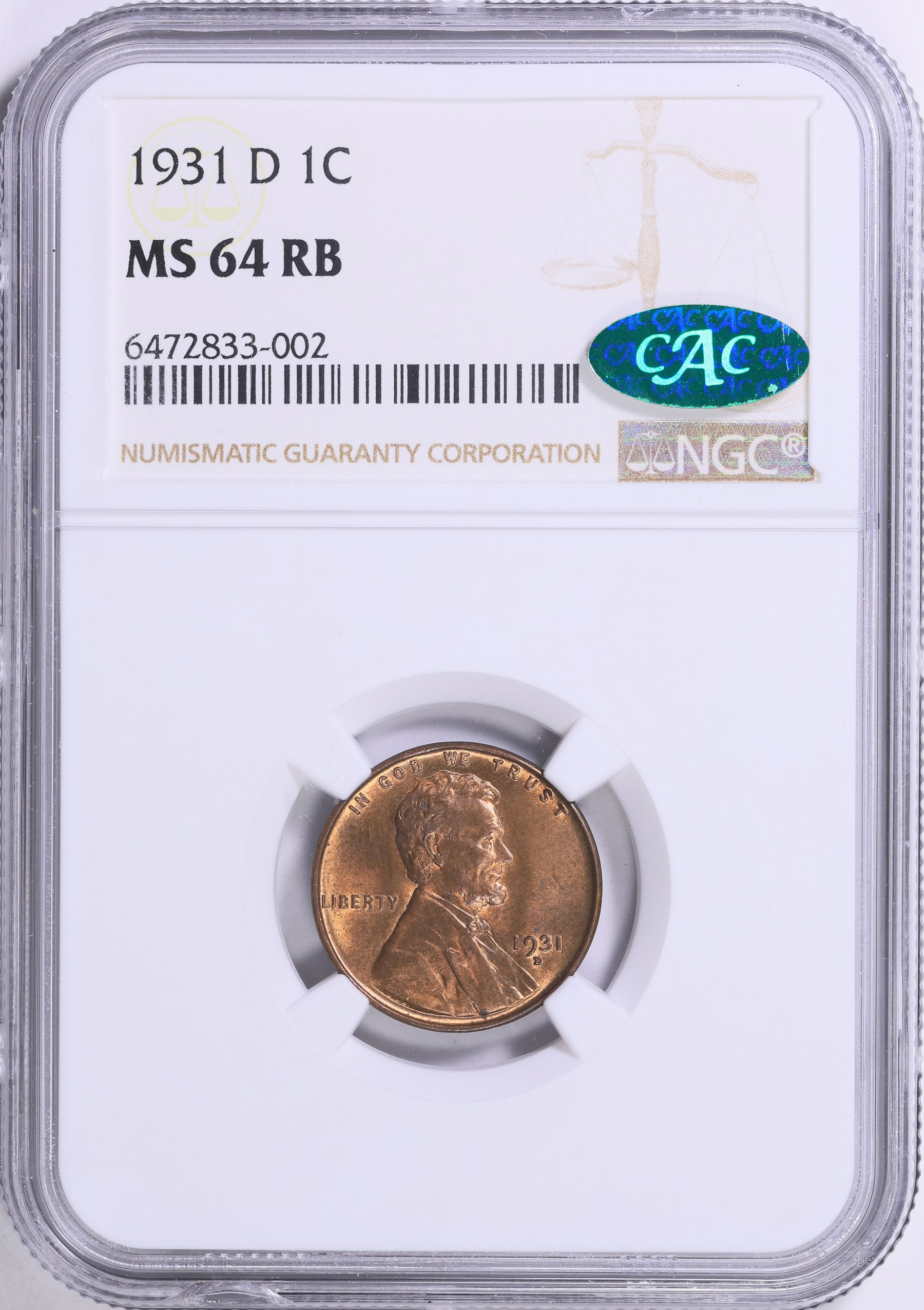 1931-D Lincoln Cent NGC MS-64 RB (CAC Green) (Item 1841094) | GreatCollections Coin Auctions