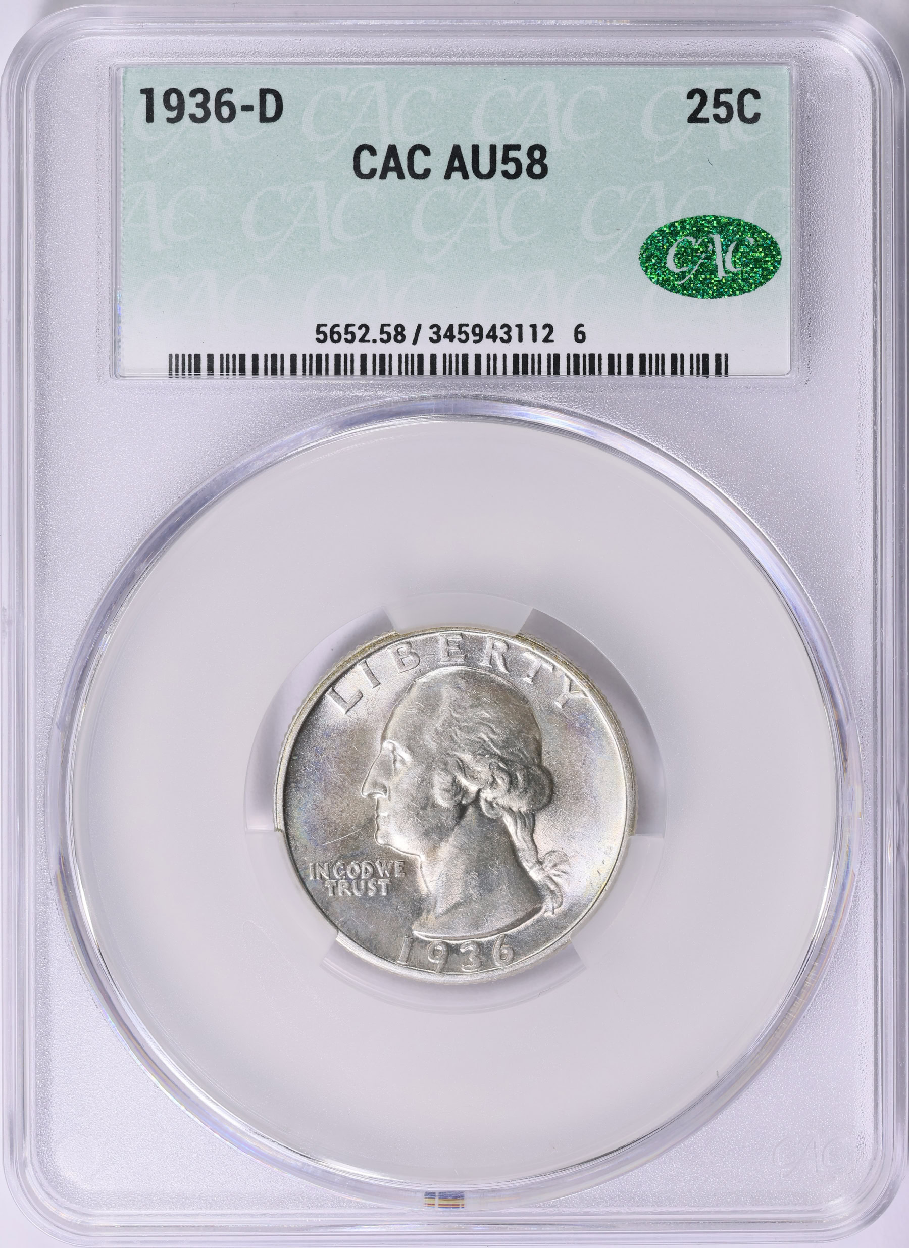 1936-D Washington Quarter CACG AU-58 (Toned) (Item 1841137) | GreatCollections Coin Auctions