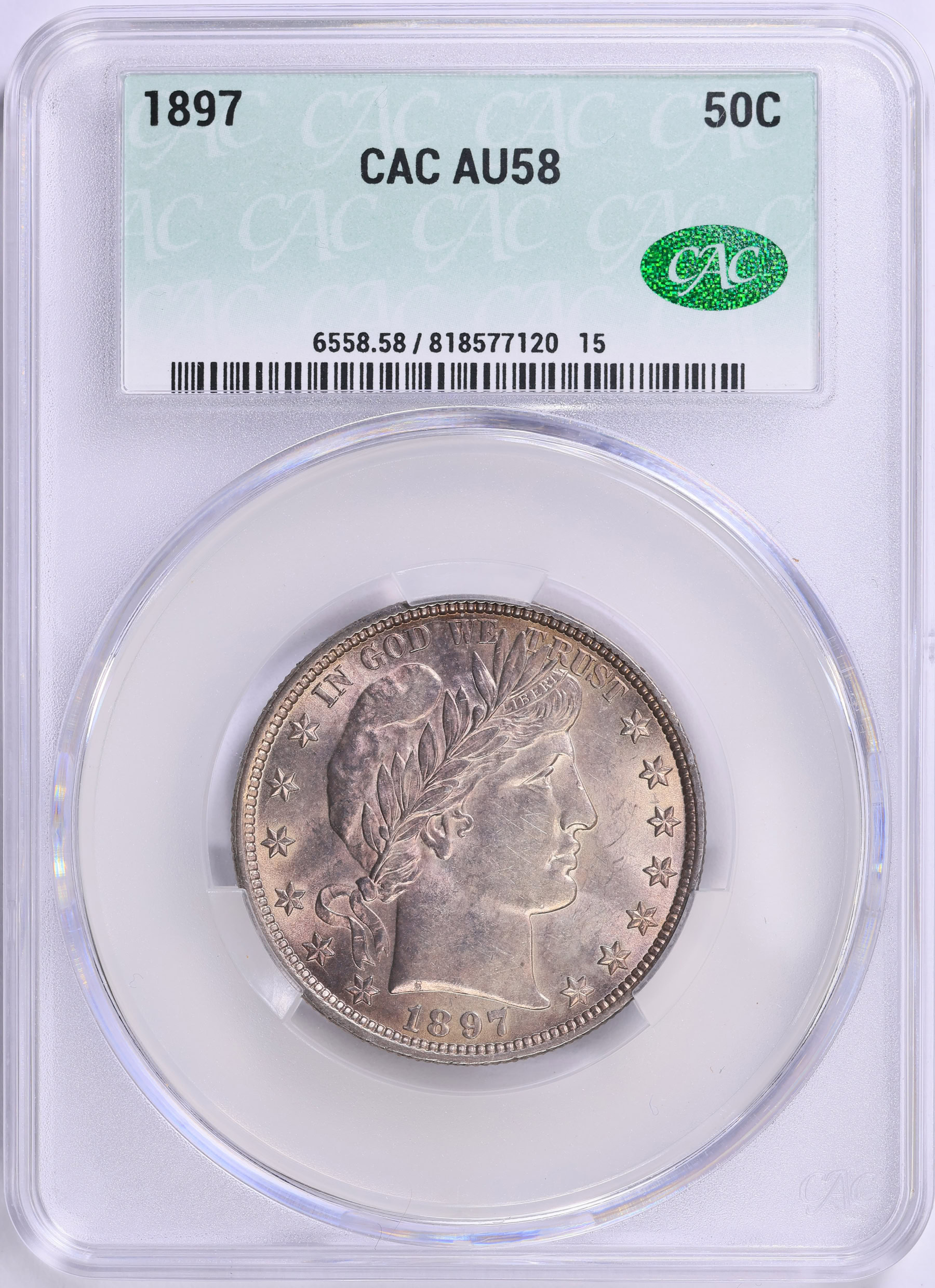 1897 Barber Half Dollar CACG AU-58 (Toned) (Item 1841158) | GreatCollections Coin Auctions