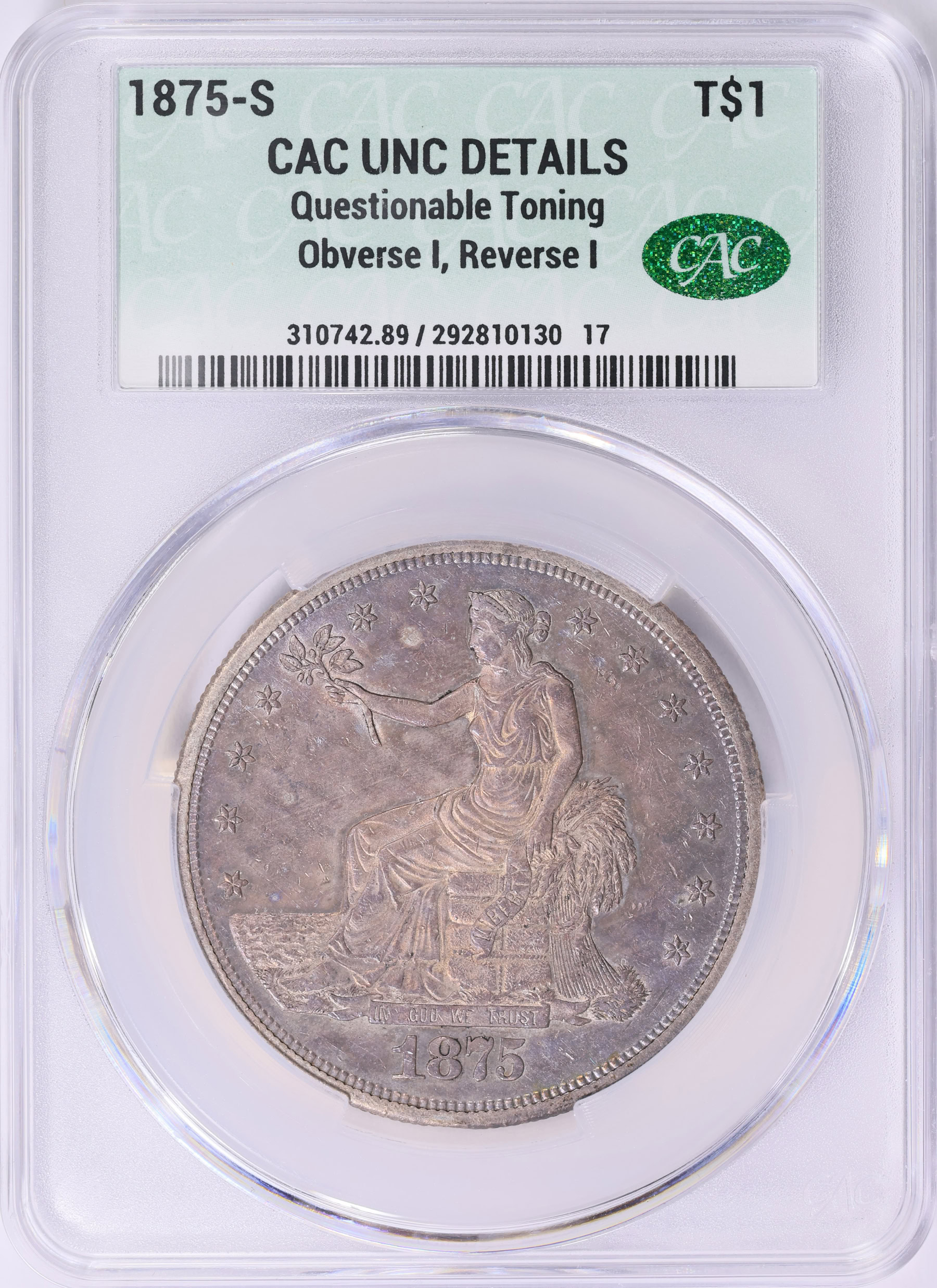 1875-S Trade Silver Dollar Obverse 1, Reverse 1 CACG Unc Details (Art ...