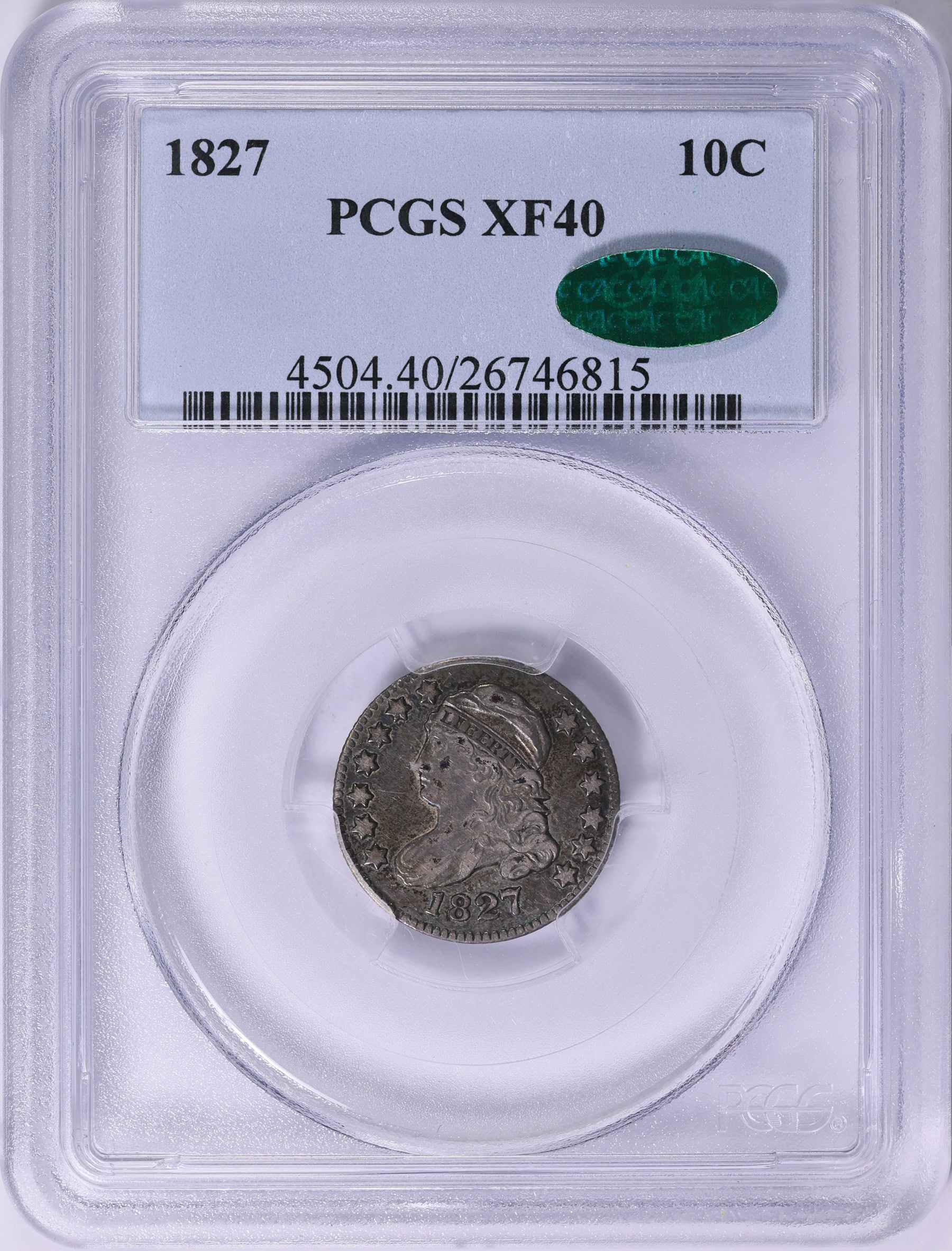 1827 Capped Bust Dime PCGS XF-40 (CAC Green) (Item 1841223) | GreatCollections Coin Auctions