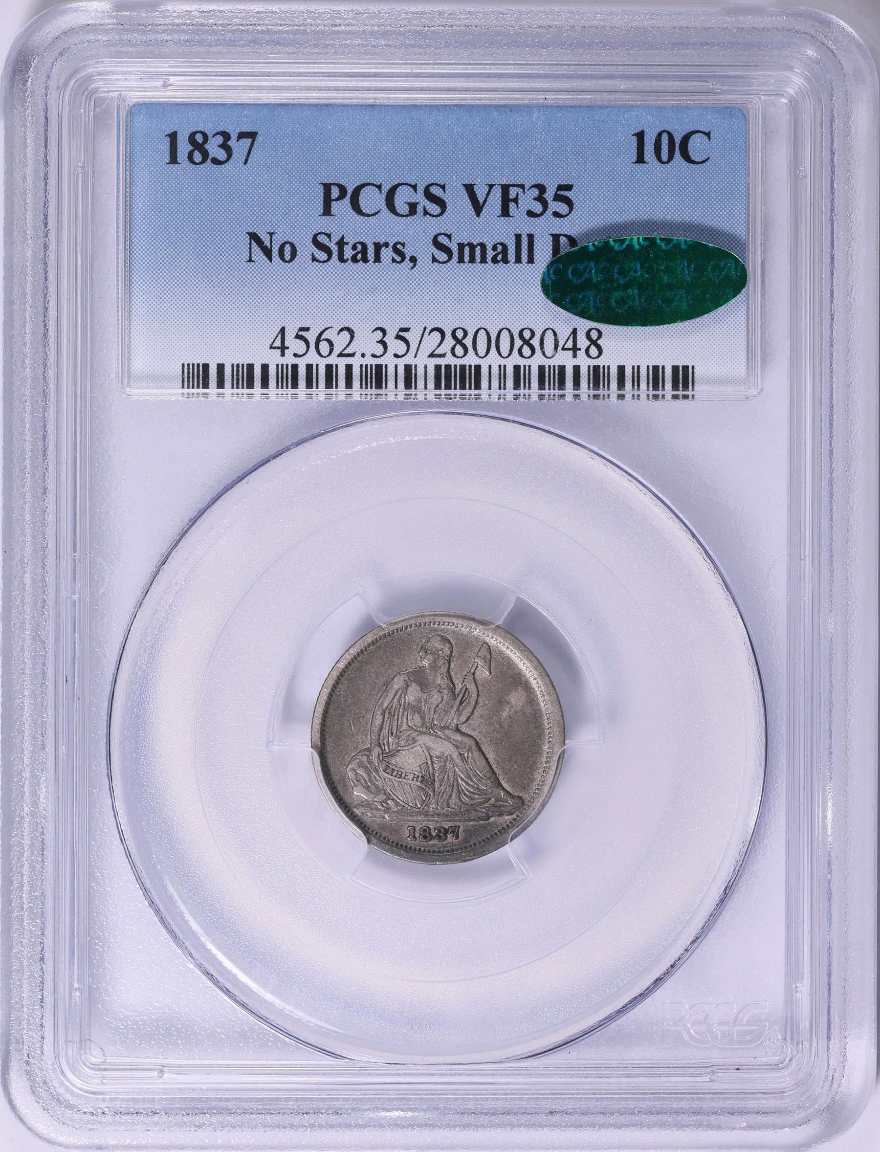 1837 Seated Liberty Dime No Stars. Small Date PCGS VF-35 (CAC Green) (Toned) (Item 1841229 ...