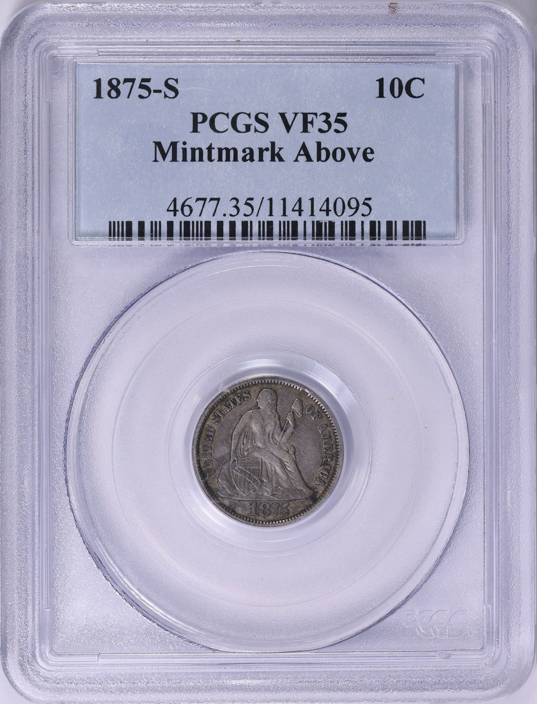 1875-S Seated Liberty Dime Mintmark Above Bow PCGS VF-35 (Toned) (Item 1841237 ...
