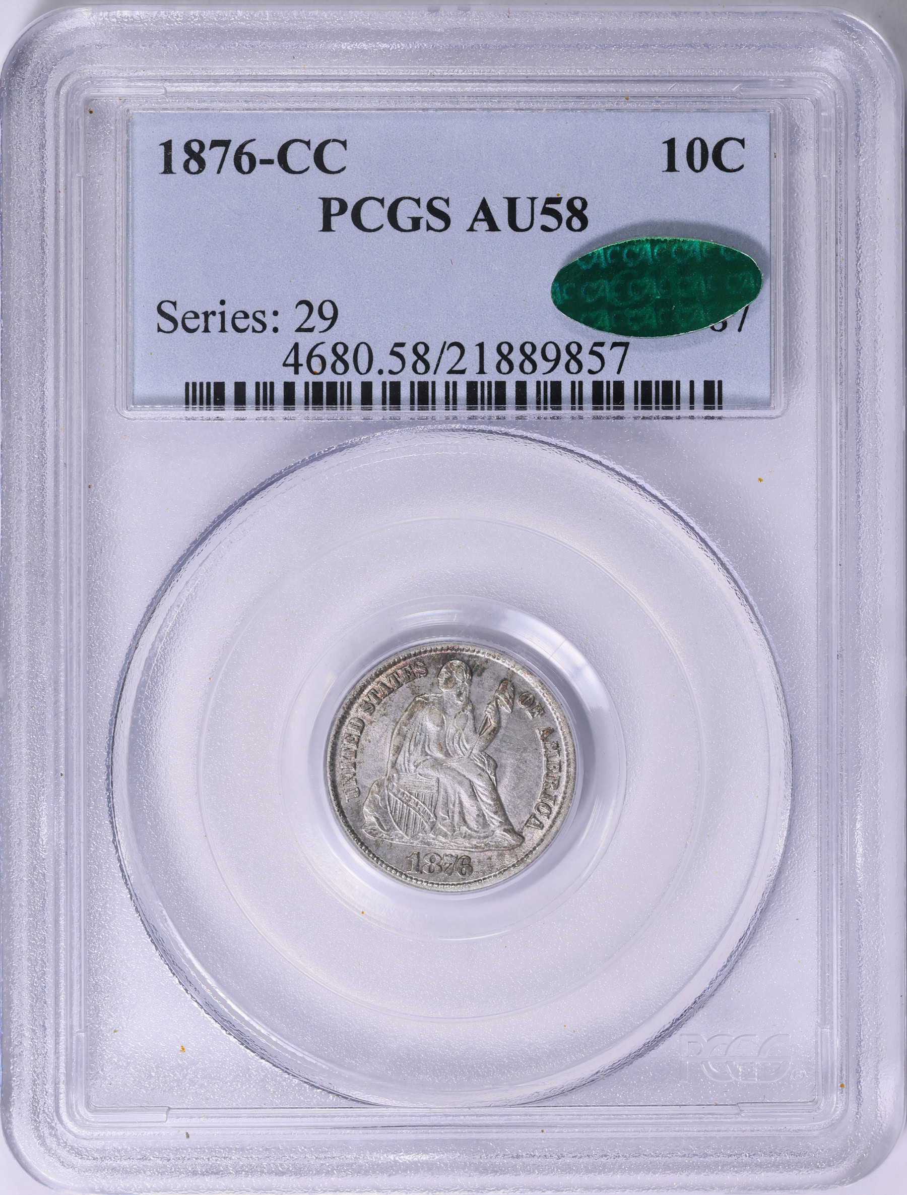 1876-CC Seated Liberty Dime PCGS AU-58 (CAC Green) (Item 1841238) | GreatCollections Coin Auctions