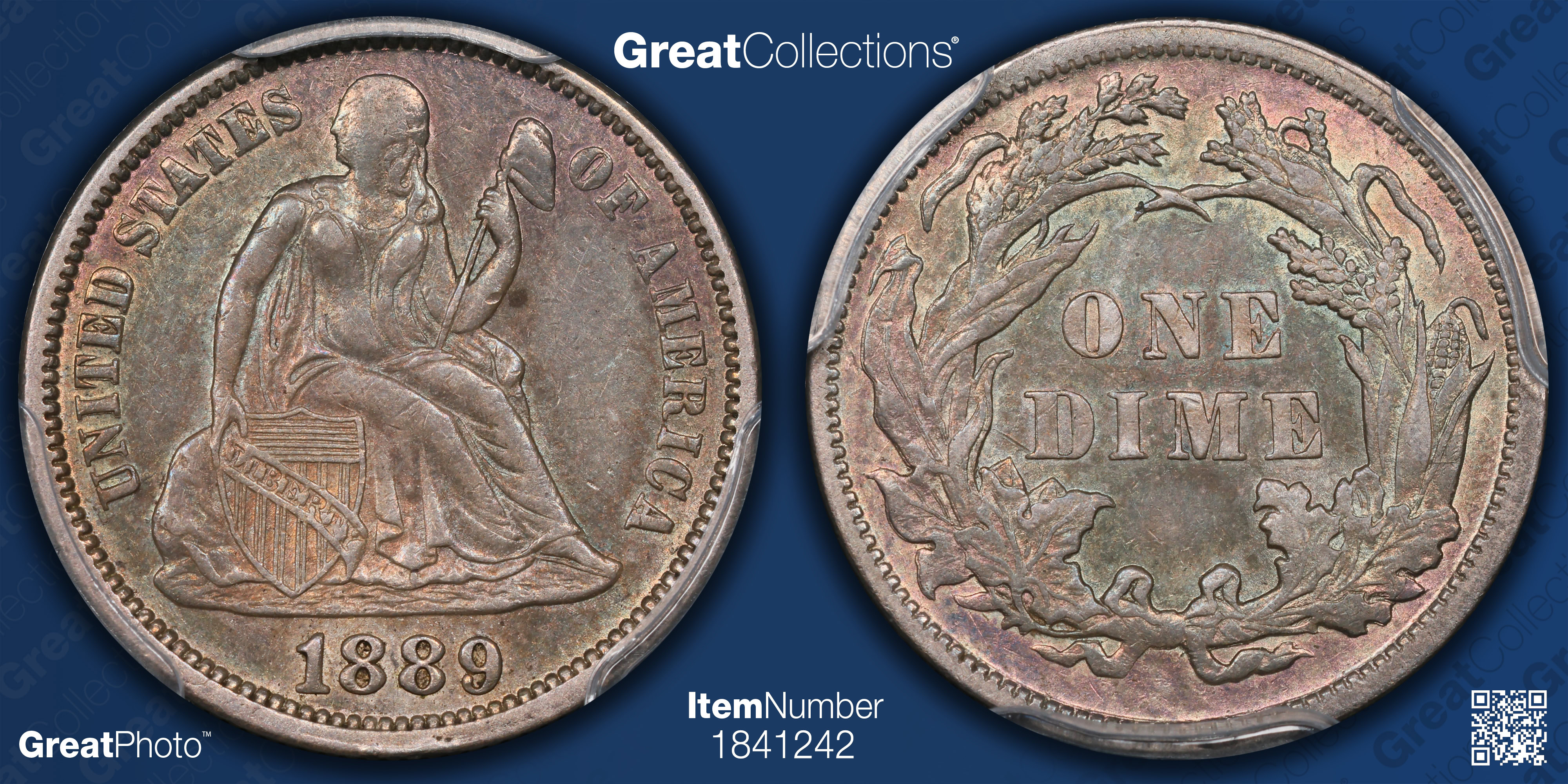 1889 Seated Liberty Dime DDR PCGS AU-55 (CAC Green) (Toned) (Item ...