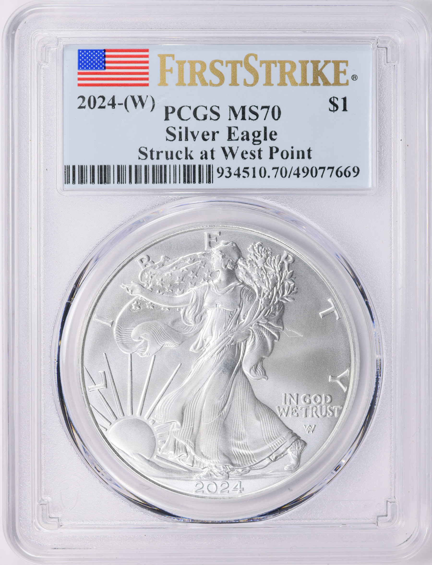 2024-(W) $1 Silver Eagle Struck at West Point First Strike PCGS MS-70 | PCGS Cert #49077669 ...