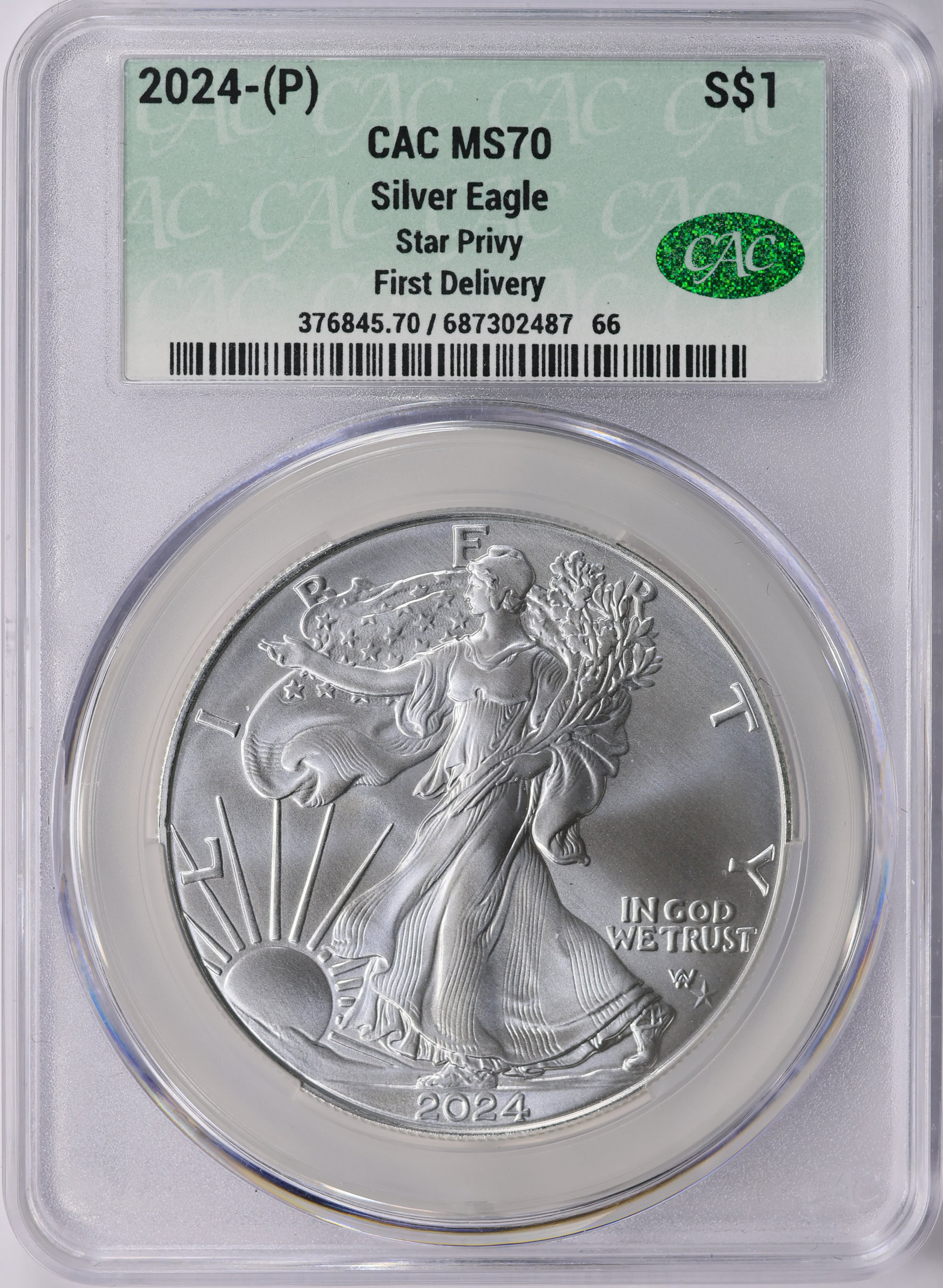 2024-(P) $1 Silver Eagle with Star Privy Struck at Philadelphia First Delivery CACG MS-70 | CACG ...