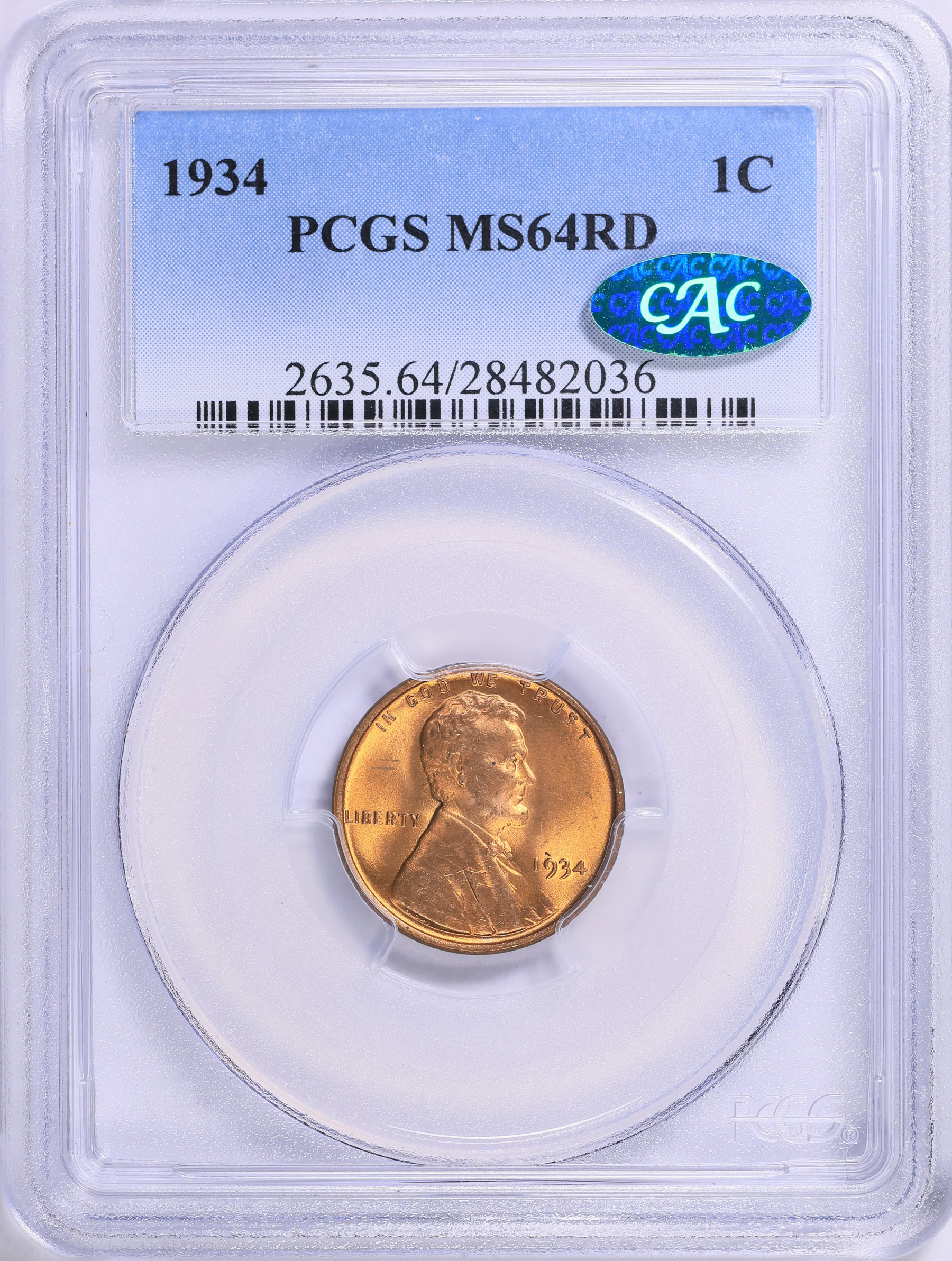 1934 Lincoln Cent PCGS MS-64 RD (CAC Green) (Item 1841391) | GreatCollections Coin Auctions